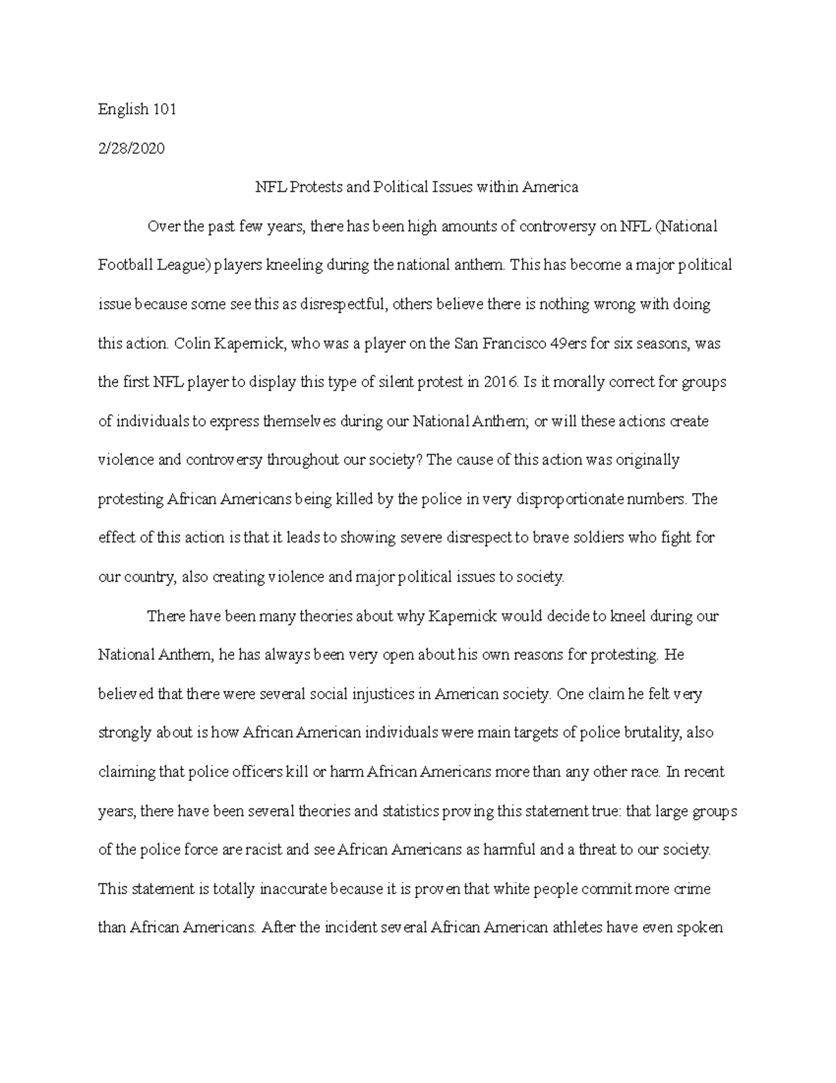 English 101 NFL Cause & Effect Essay - English 101 2/28/ NFL Protests ...