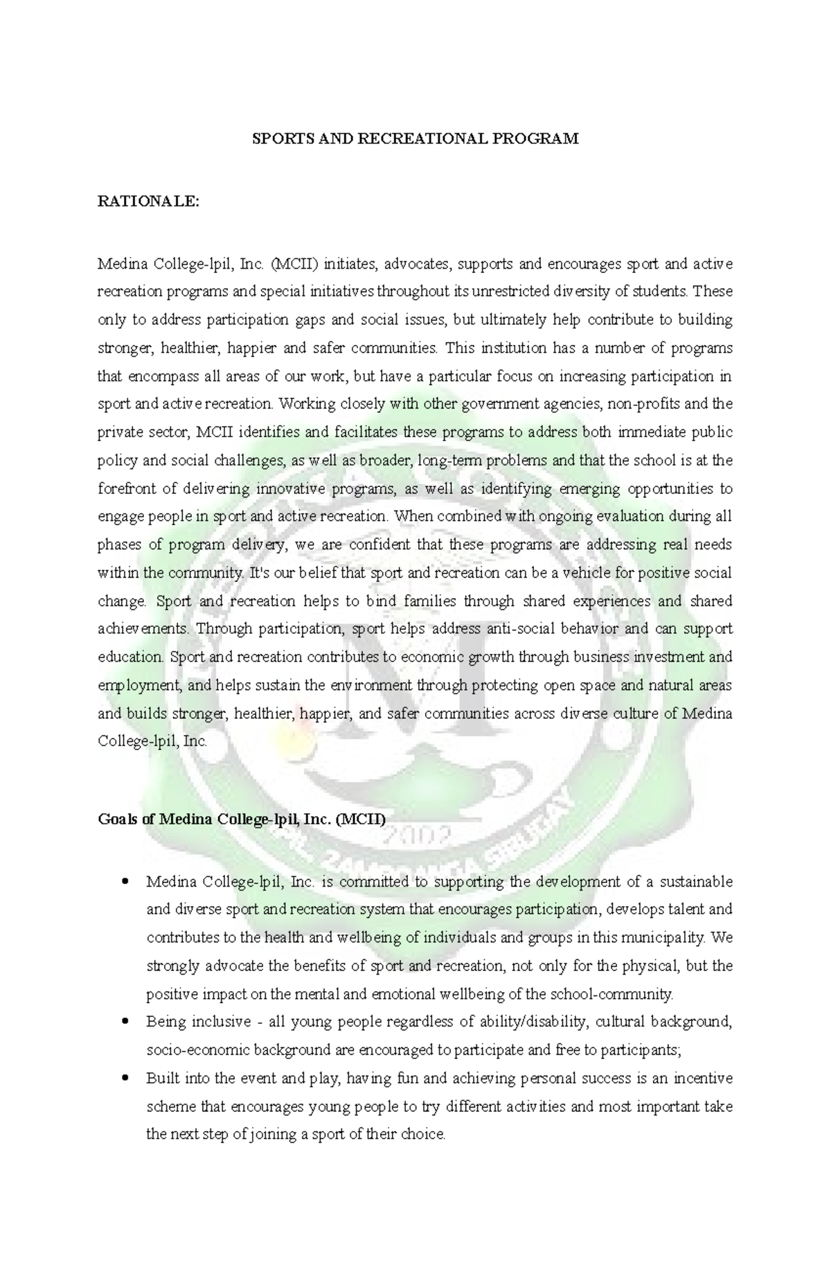 Sports AND Recreational Program - SPORTS AND RECREATIONAL PROGRAM ...