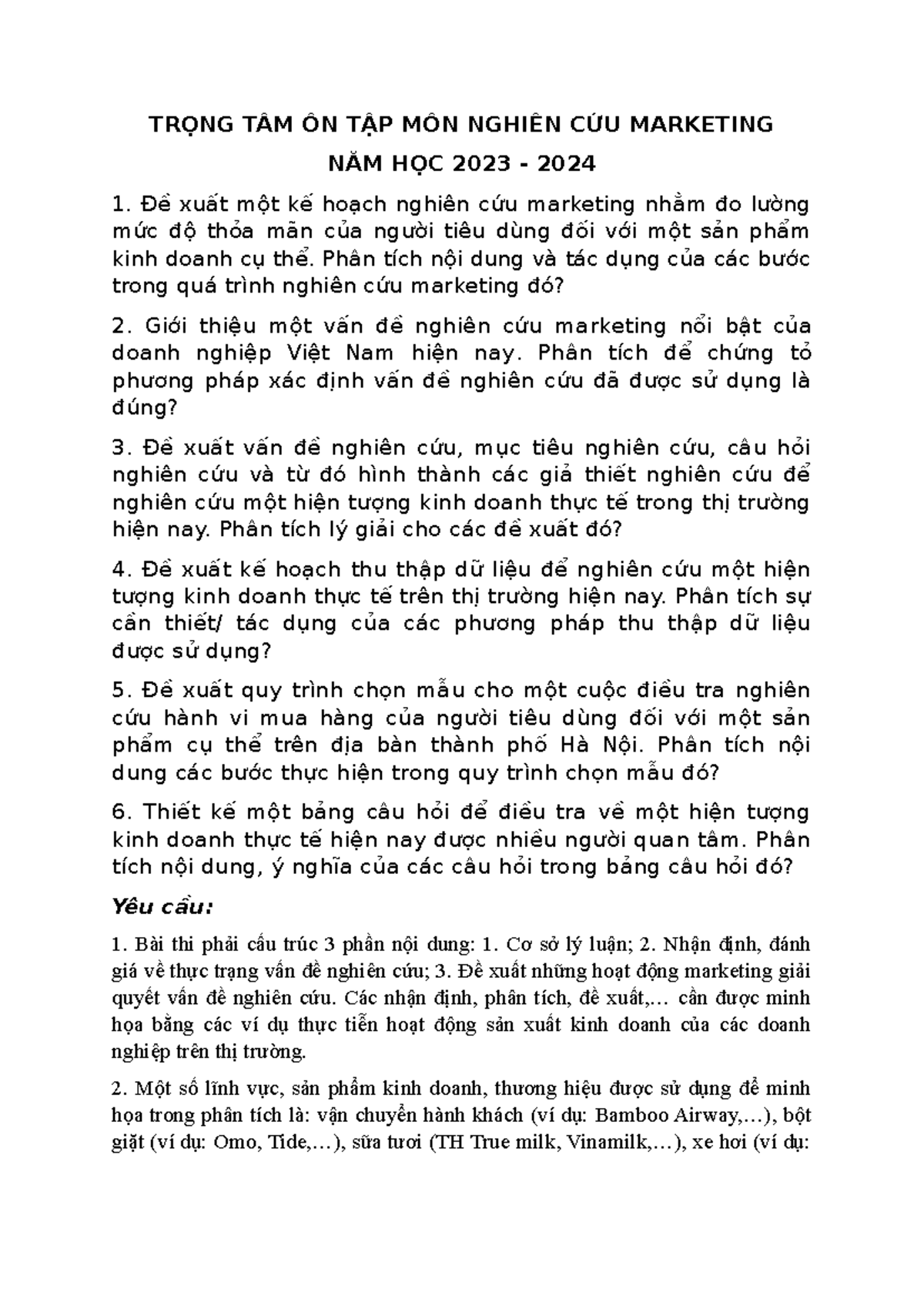 trọng tâm thi NC Marketing - TRỌNG TÂM ÔN TẬP MÔN NGHIÊN CỨU MARKETING NĂM HỌC 2023 - 2024 Đề ...