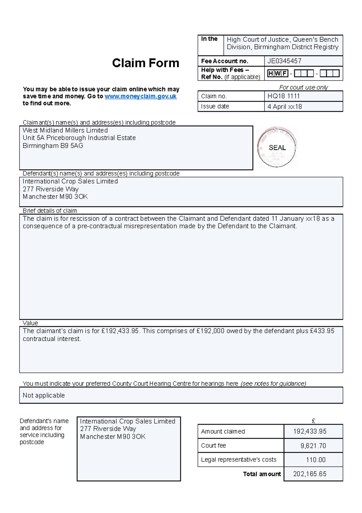 2122 dis u03 ce01 prep task01 claim form - In the High Court of Justice ...