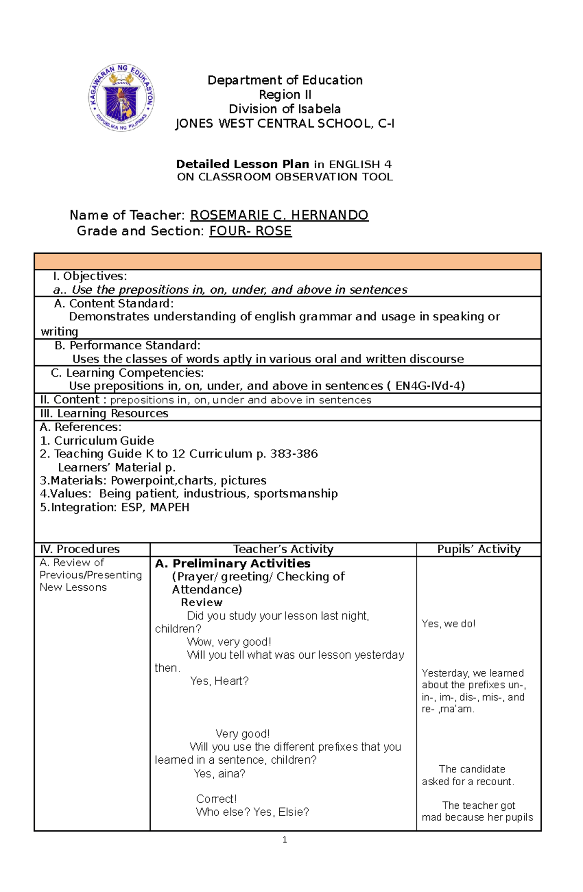 COT DLP English 4 BY Teacher Rosemarie C. Hernando - Department of Education Region II Division ...