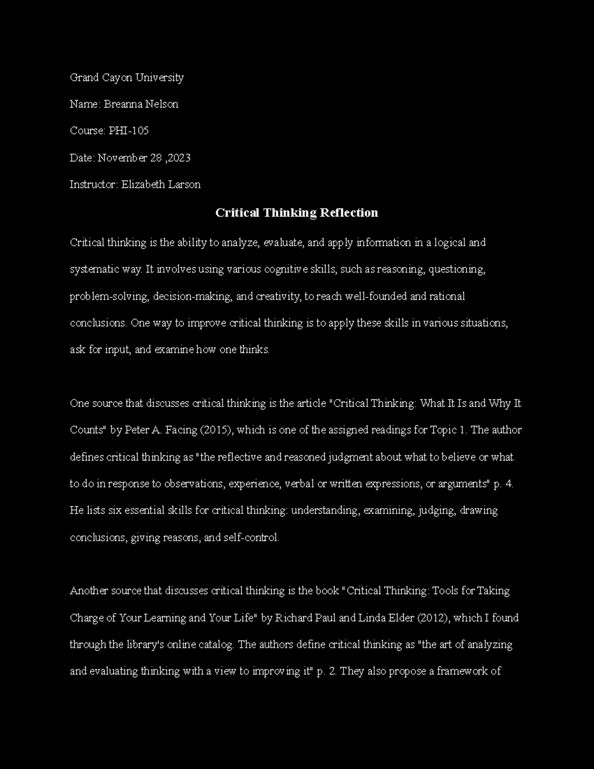 Critical Thinking Reflection - Grand Cayon University Name: Breanna ...