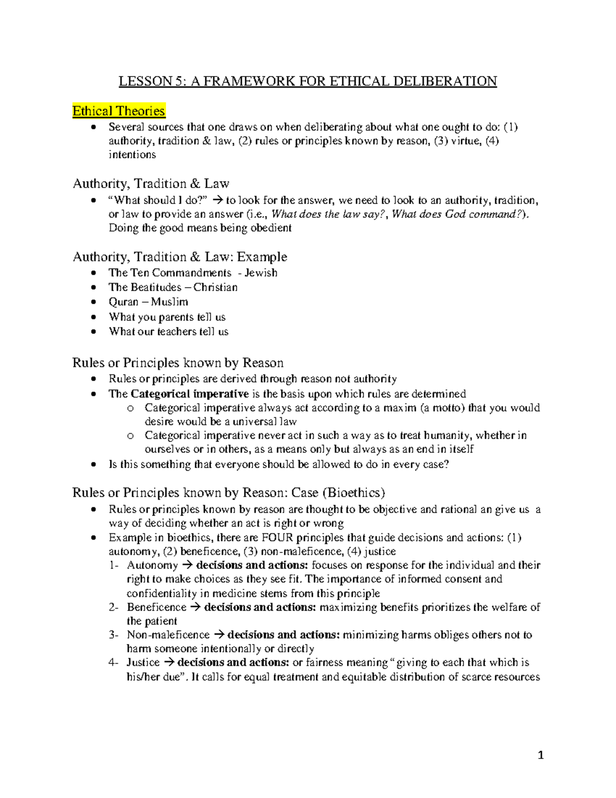 chapter notes - theo 204 - LESSON 5: A FRAMEWORK FOR ETHICAL ...