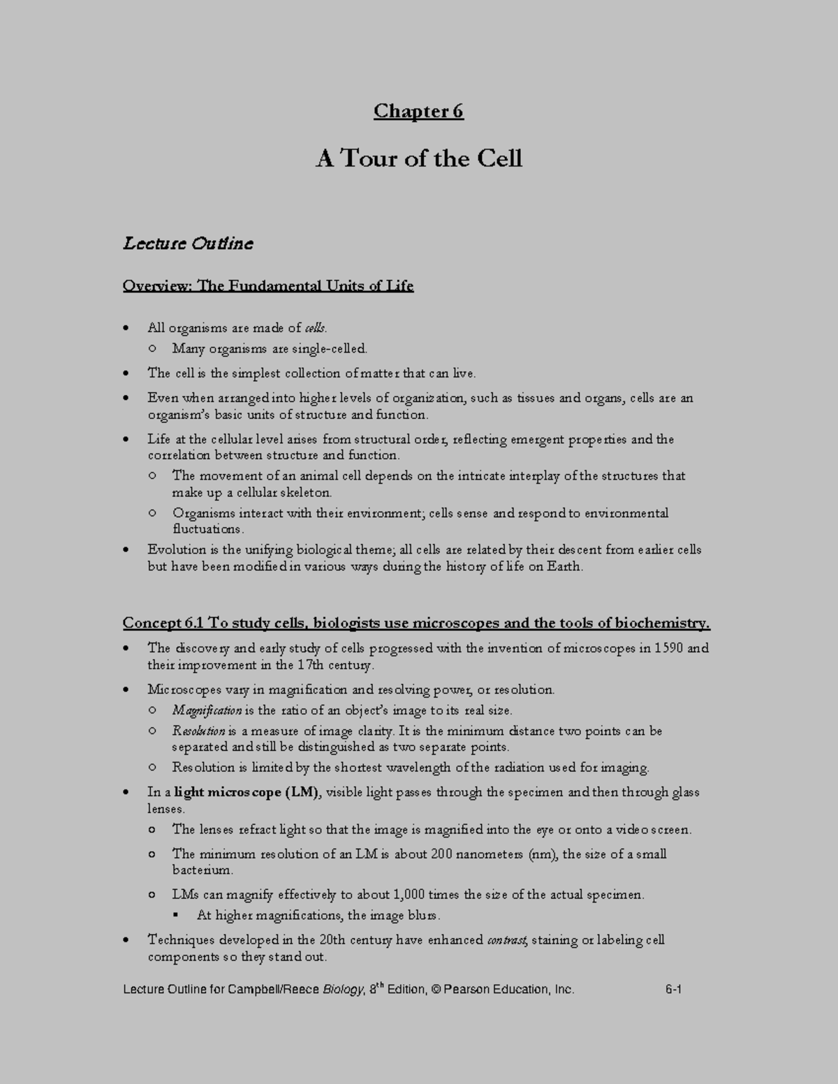 Apbio 06 detaillectout - Chapter 6 A Tour of the Cell Lecture Outline ...