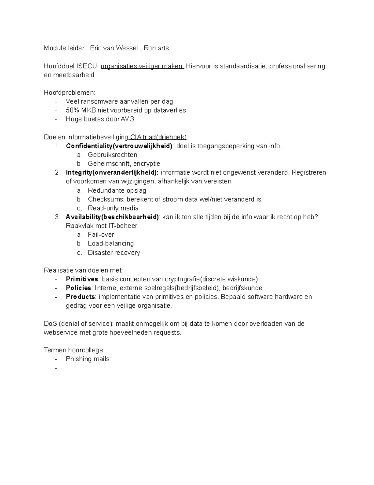 ISECU week 1 webcollege - Module leider : Eric van Wessel , Ron arts ...