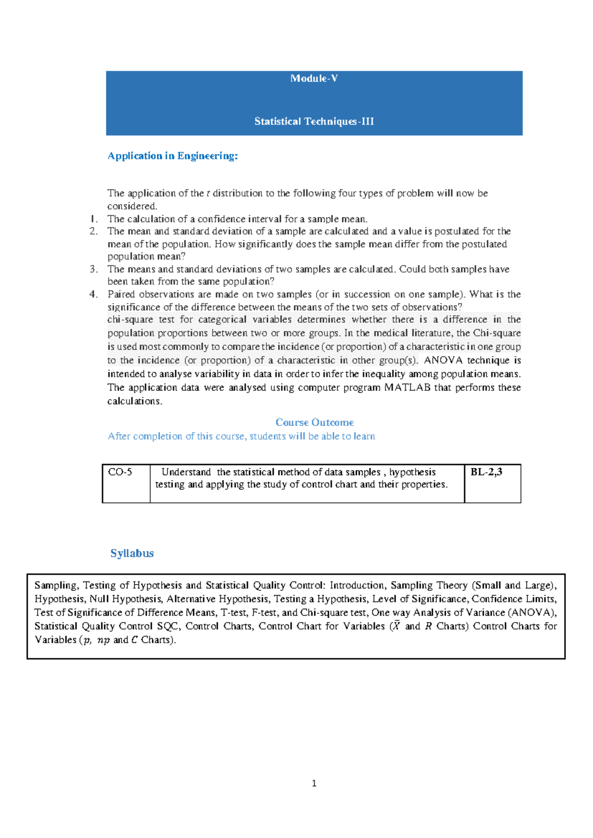 Module 5 - xyz - Module-V Statistical Techniques-III Application in ...