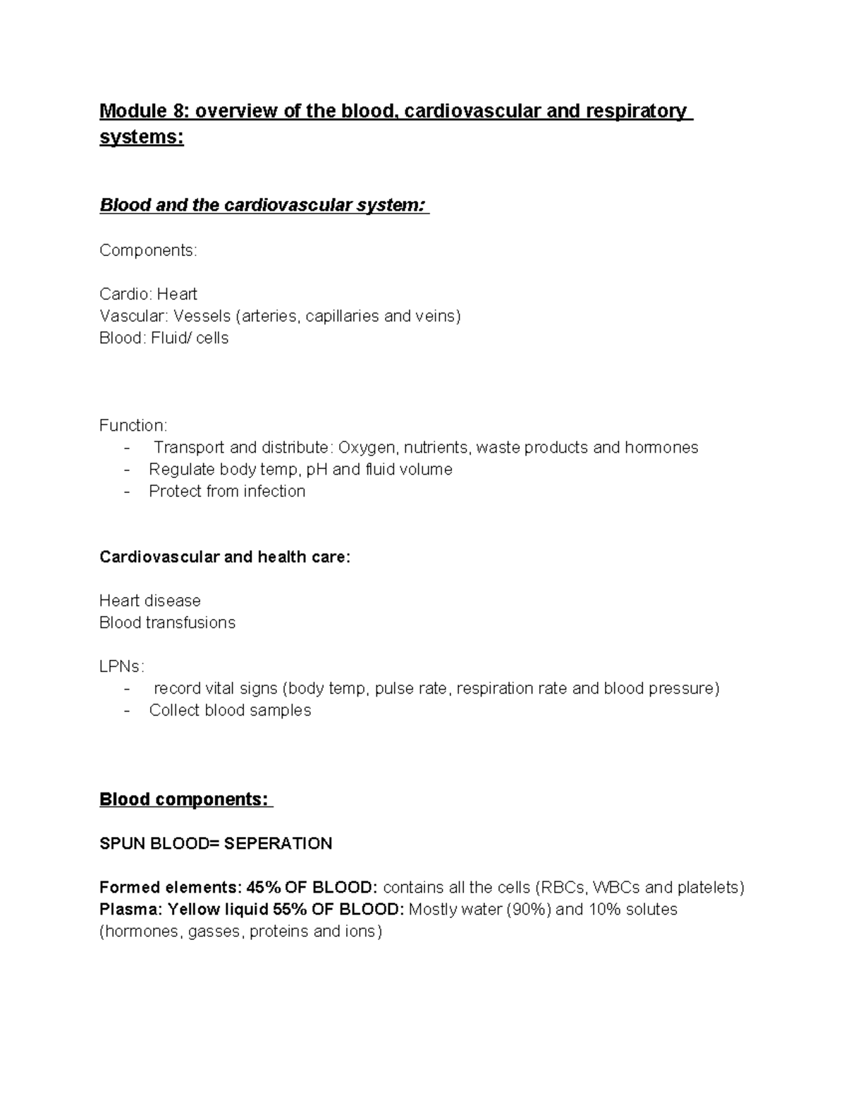 Module 8 Blood, Cardiovascular and Respiratory - Module 8: overview of ...