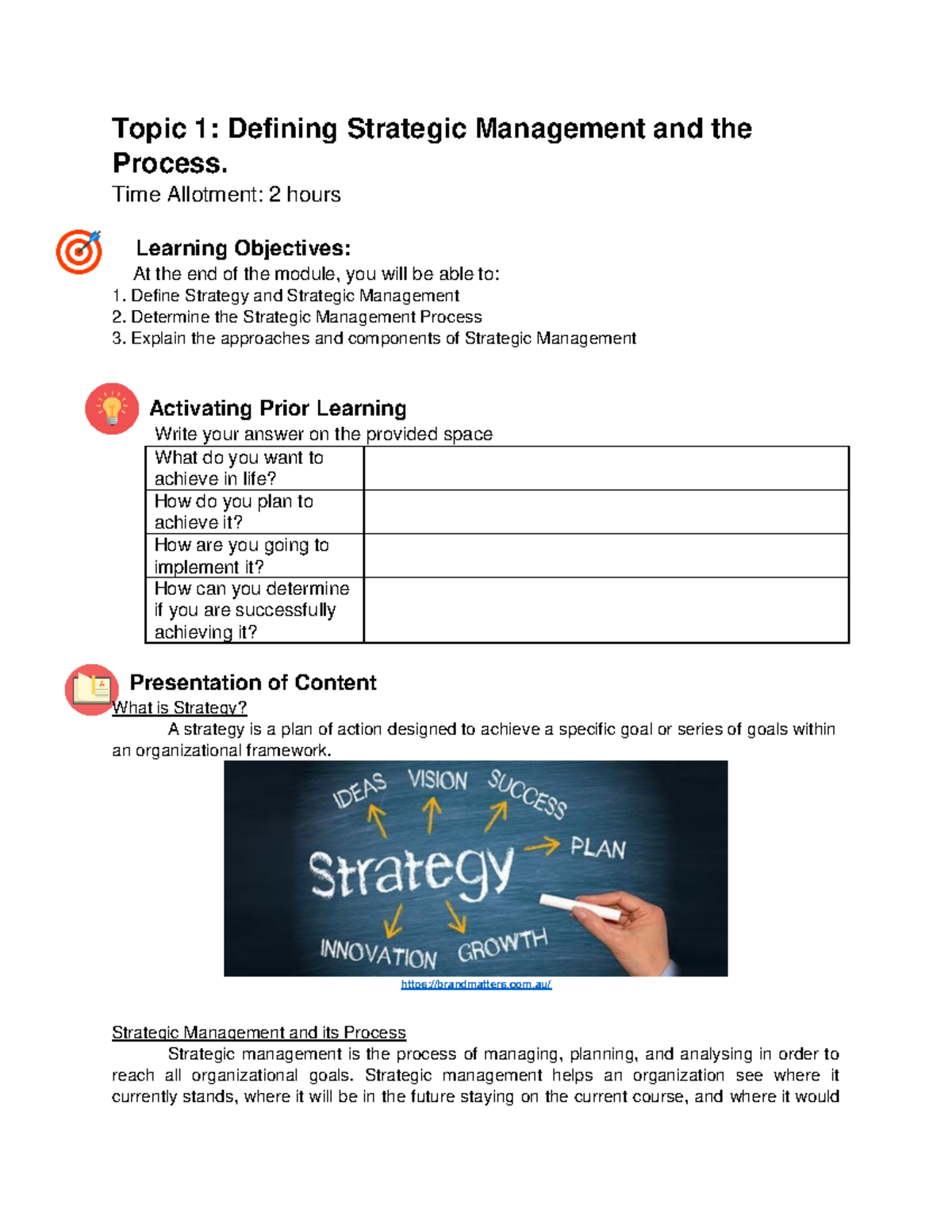Strat MGT Module Chapter 1 topic 1 - Topic 1: Defining Strategic ...