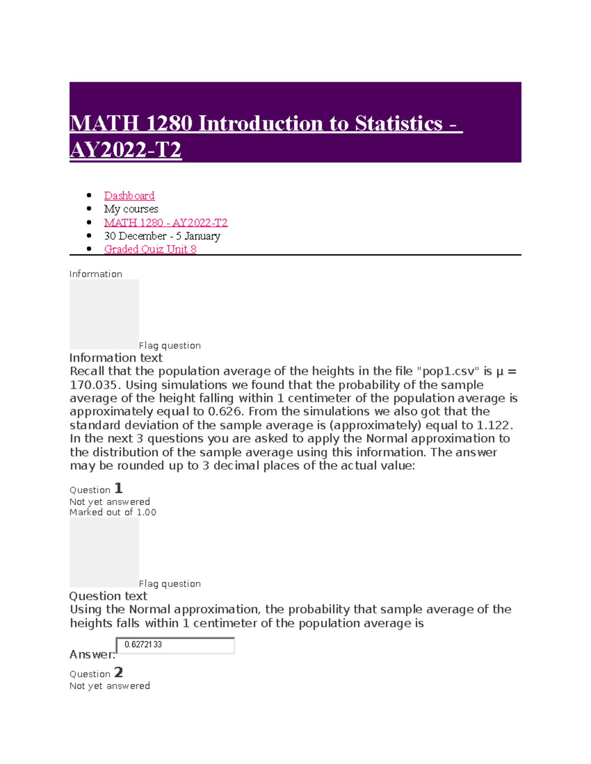 MATH 1280 Graded Quiz Unit 8 - MATH 1280 Introduction to Statistics ...