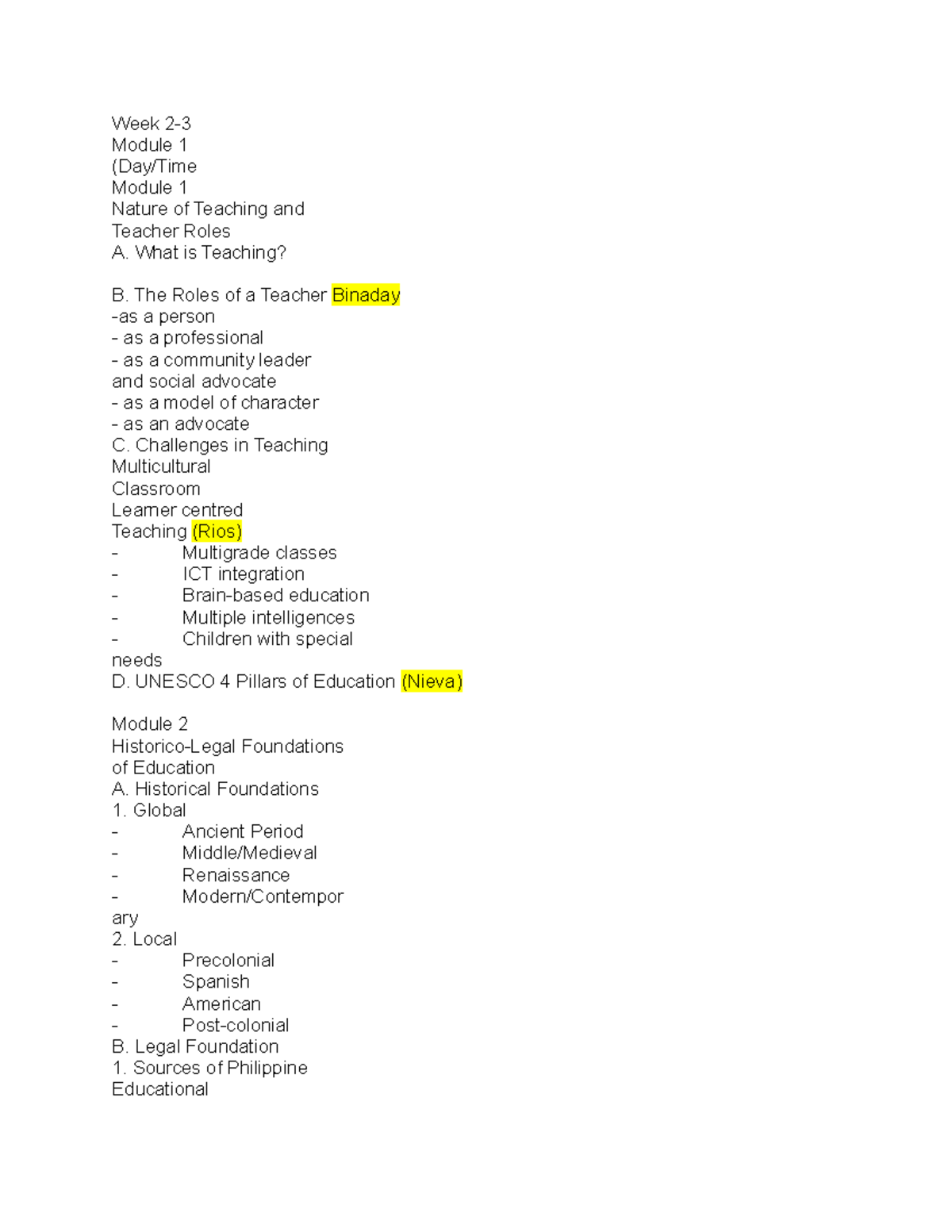 Outline the Teaching Profession - Week 2- Module 1 (Day/Time Module 1 ...