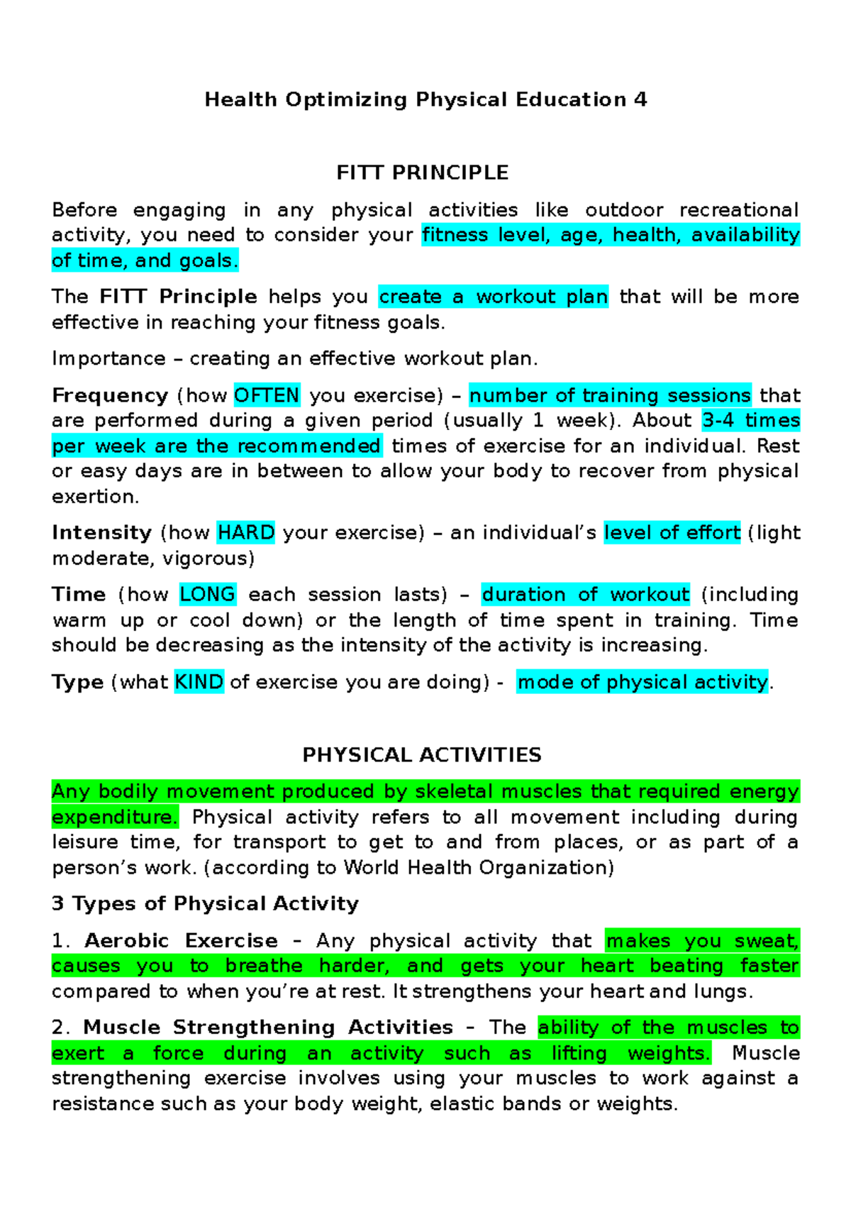 Hope Reviewer 2nd Sem - Health Optimizing Physical Education 4 FITT ...