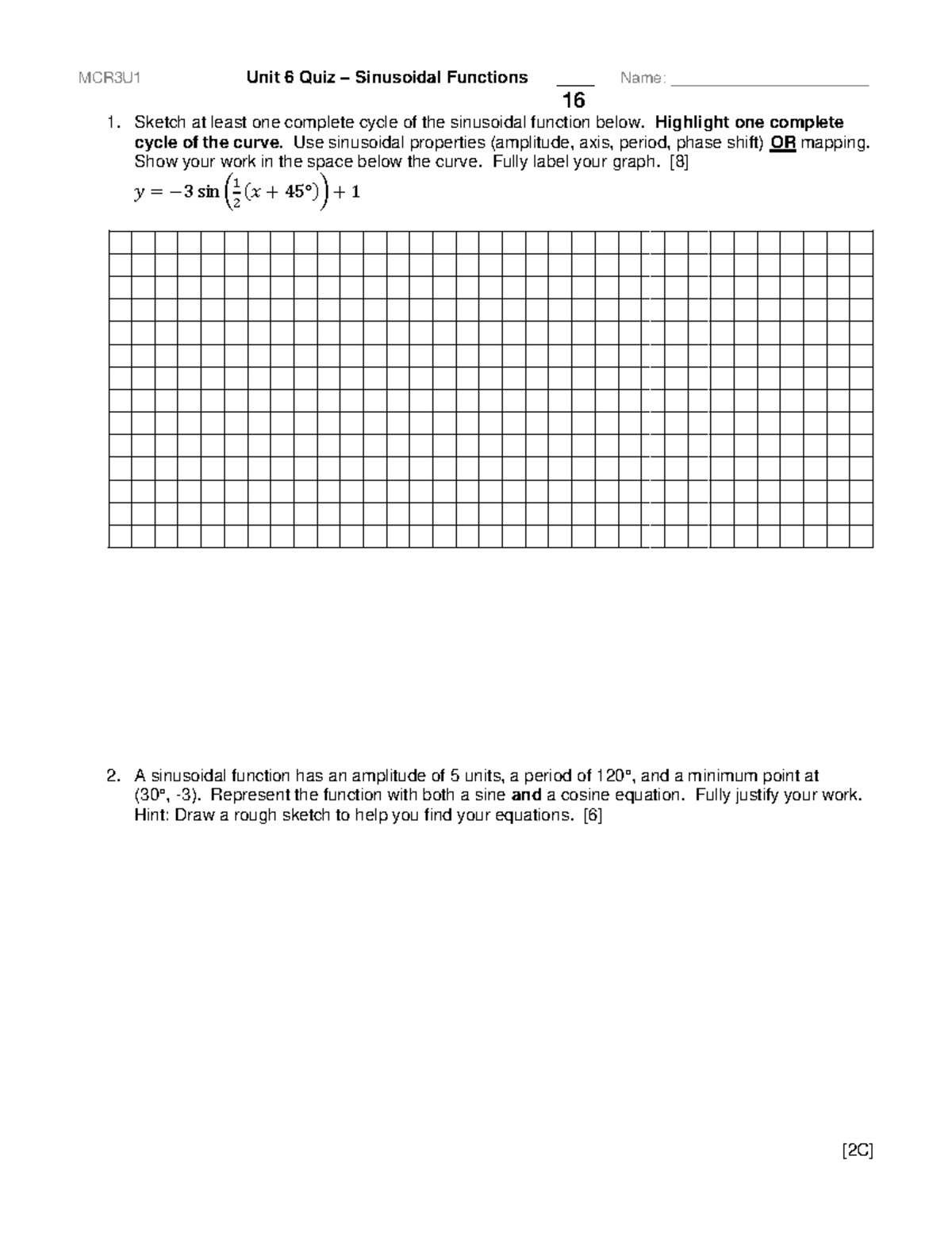 Unit 6 Quiz B Jan 2022 - MCR3U1 Unit 6 Quiz – Sinusoidal Functions ...