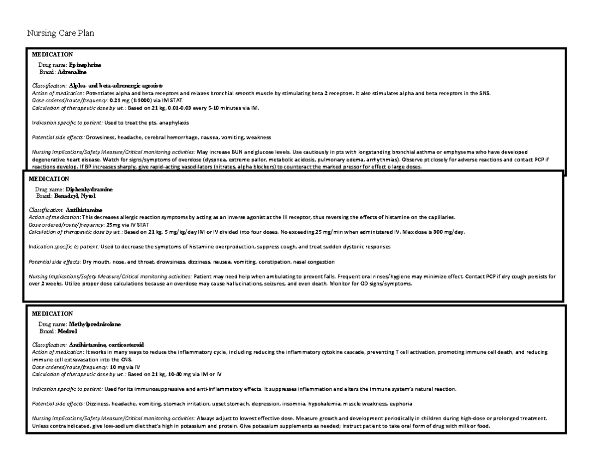 Charlie Snow CP 6 - Nursing Care Plan MEDICATION Drug name: Epinephrine ...