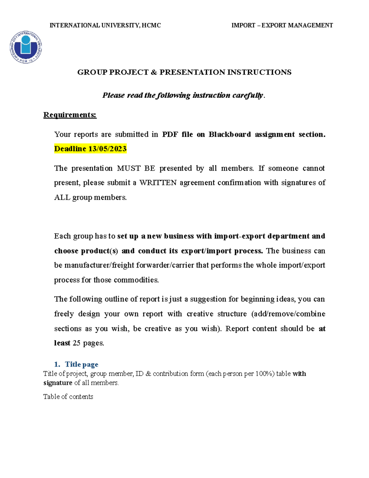 Group Project Instruction - Import Export Management - INTERNATIONAL UNIVERSITY, HCMC IMPORT ...