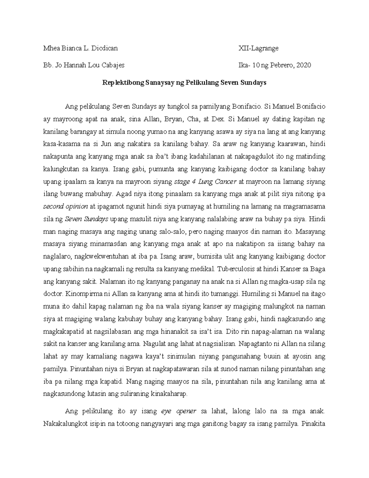 Scribd - N/A - Mhea Bianca L. Dicdican XII-Lagrange Bb. Jo Hannah Lou Cabajes Ika- 10 ng Pebrero ...