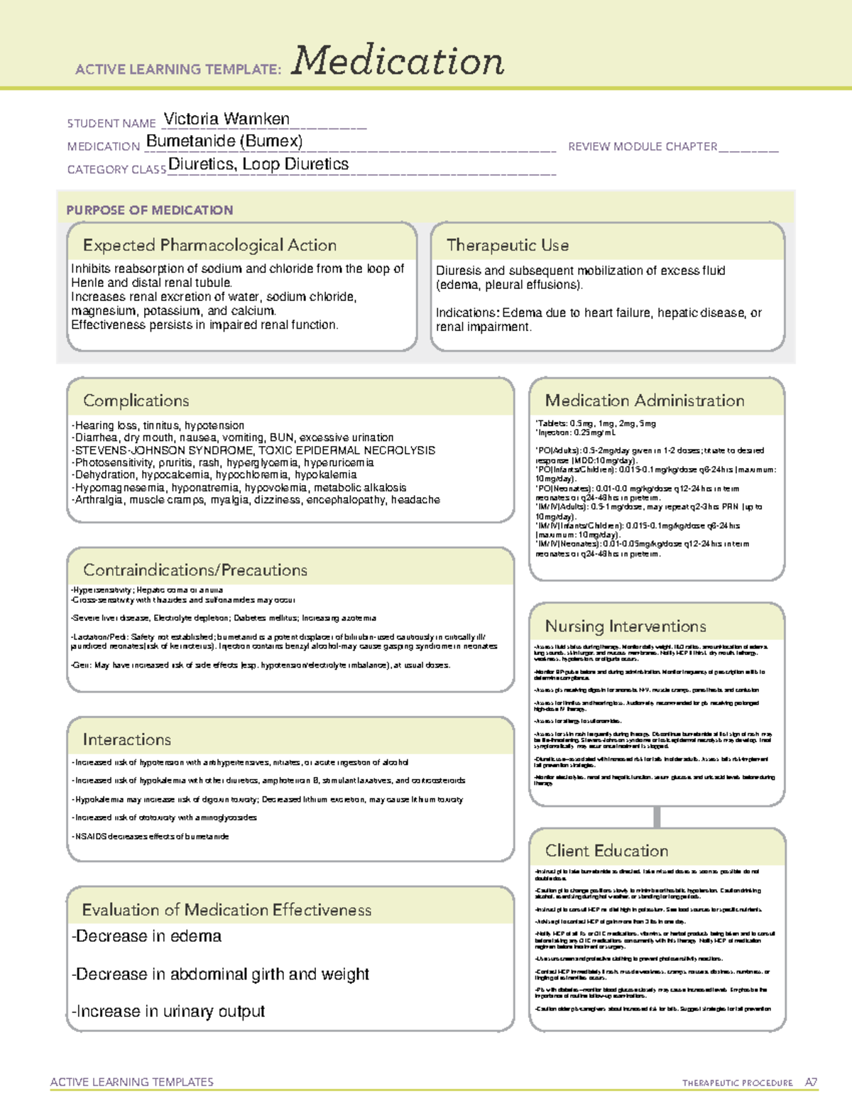 Bumetanide (Bumex) - Medication card- Nursing - ACTIVE LEARNING ...