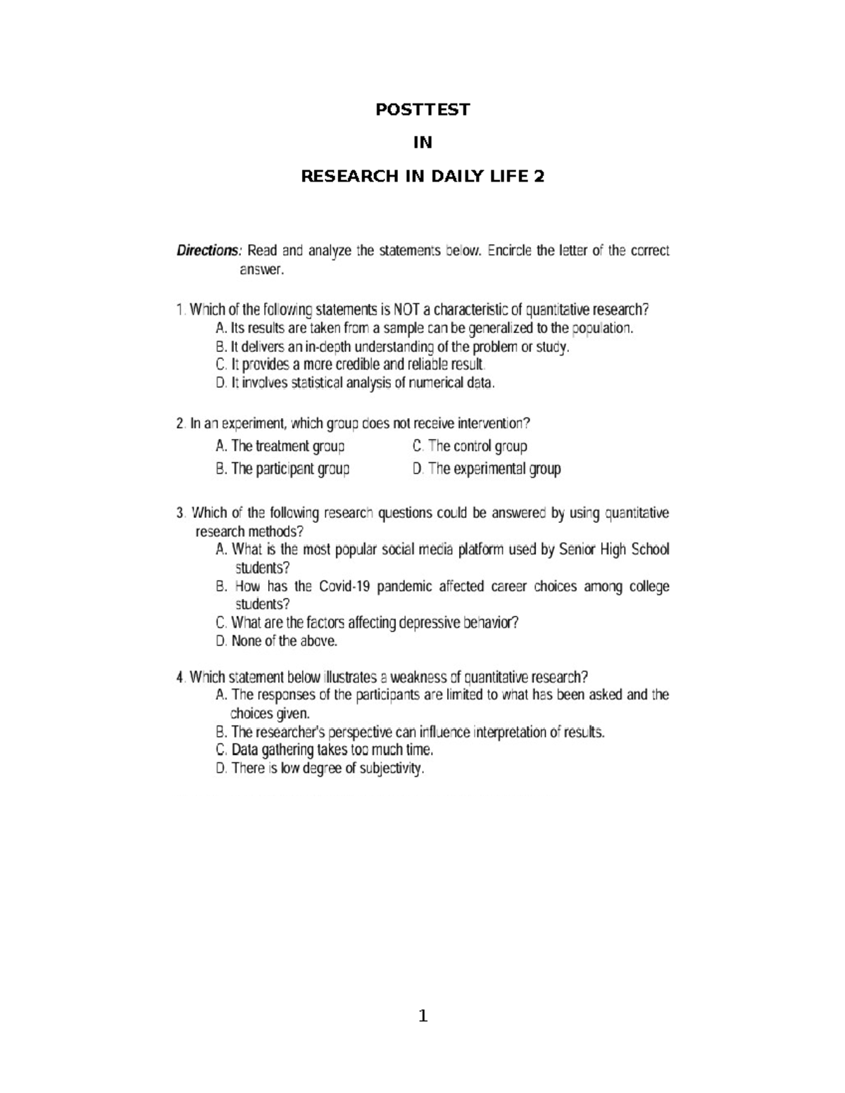 Posttest RDL2 Q 1 W 1 Lessons 1 4 - POSTTEST IN RESEARCH IN DAILY LIFE ...