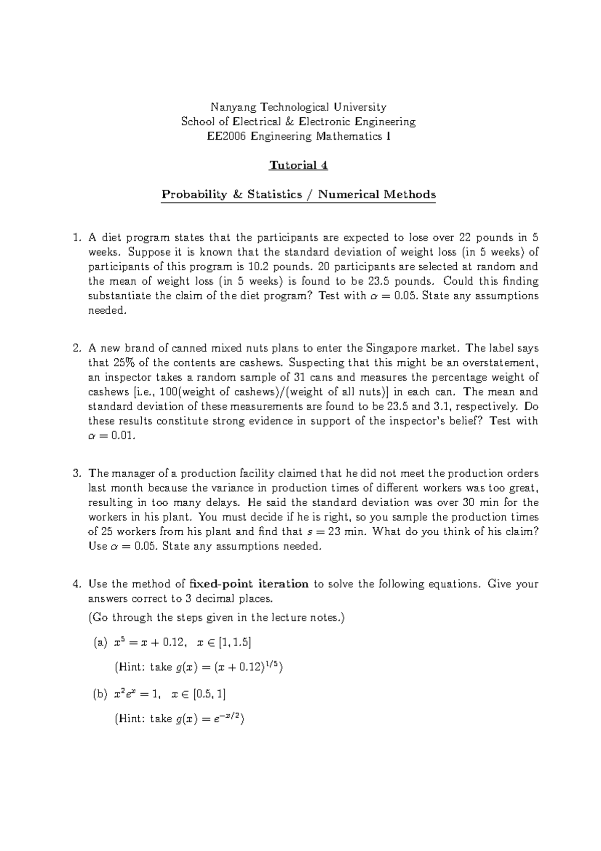 Tutorial 4 question - Nanyang Technological University School of Electrical & Electronic - Studocu