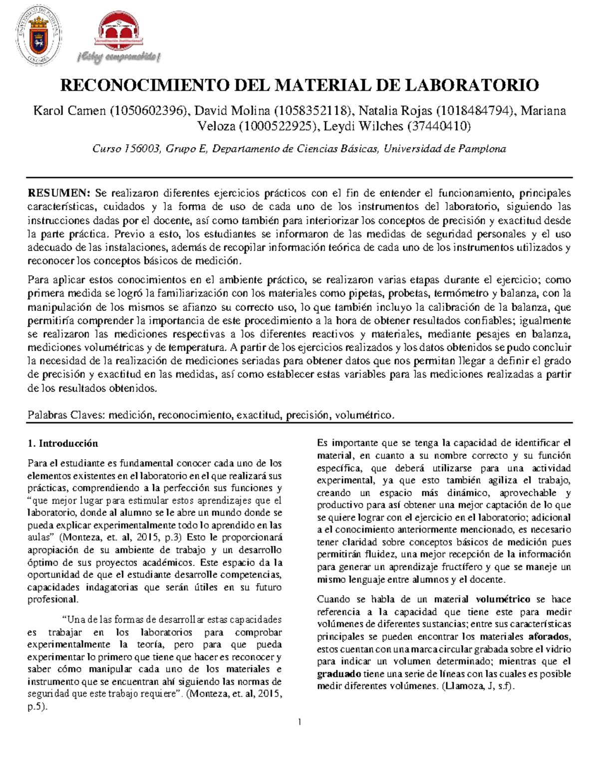 Informe 1- Reconocimiento Materiales - RECONOCIMIENTO DEL MATERIAL DE LABORATORIO Karol Camen ...