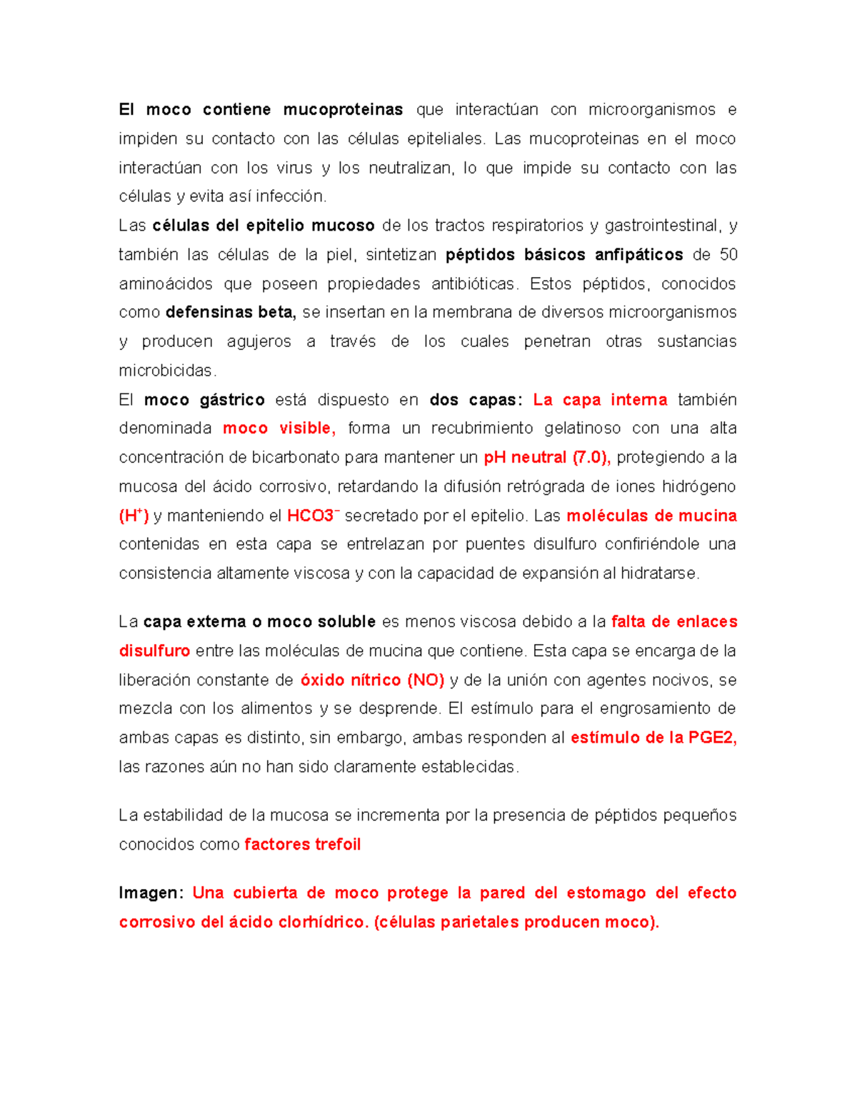 Moco gastrico - El moco contiene mucoproteinas que interactúan con ...