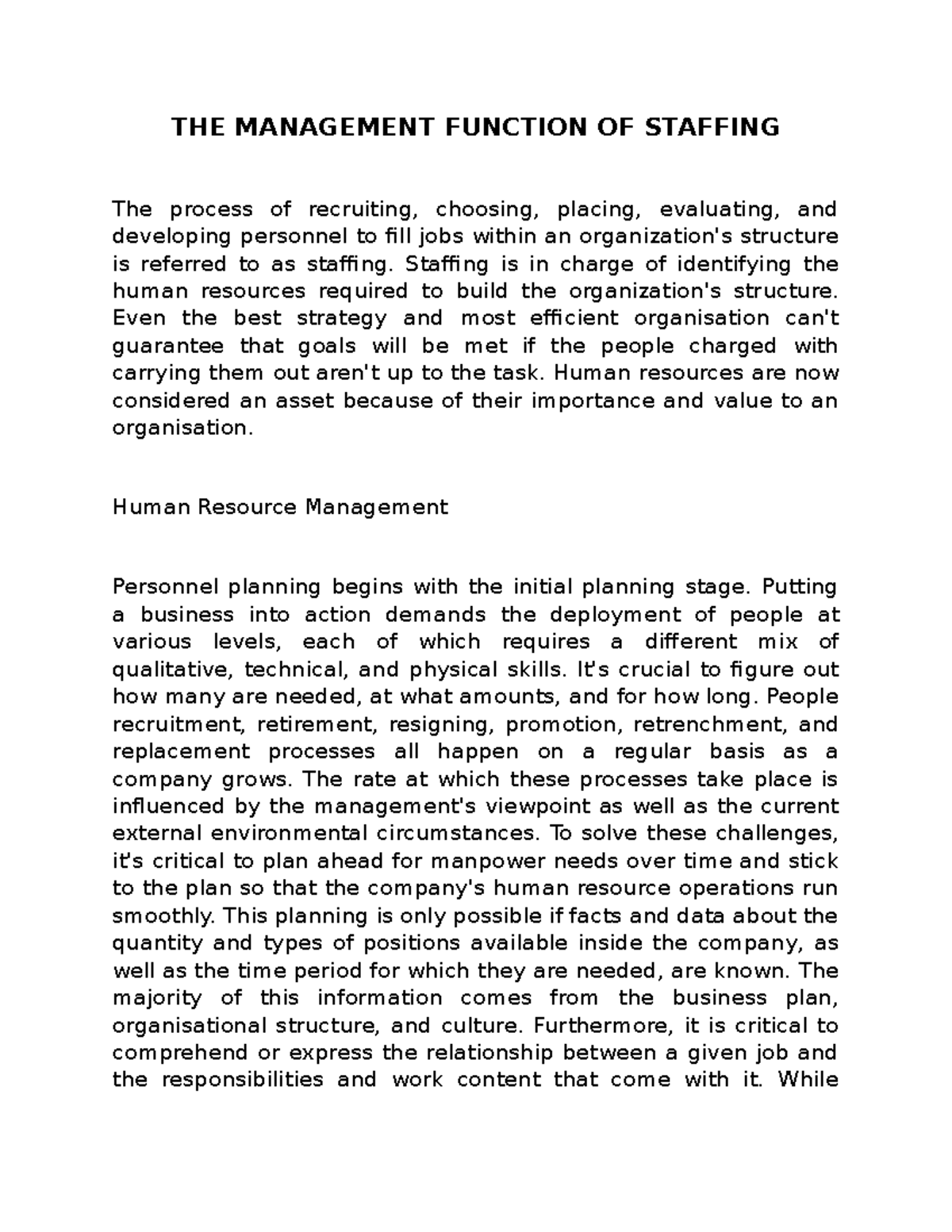 THE Management Function OF Staffing - THE MANAGEMENT FUNCTION OF ...