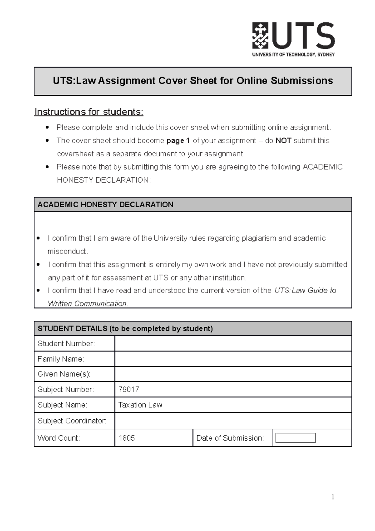 Professional Task - UTS:Law Assignment Cover Sheet for Online Submissions Instructions for s ...