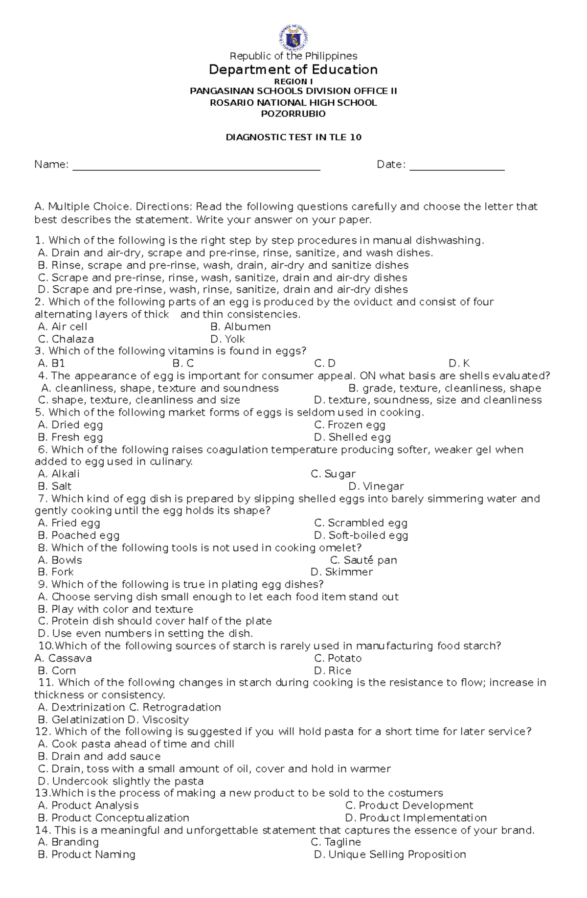 TLE 10 diagnostic test - TLE QUIZ FOR GRADE 8 - Republic of the ...