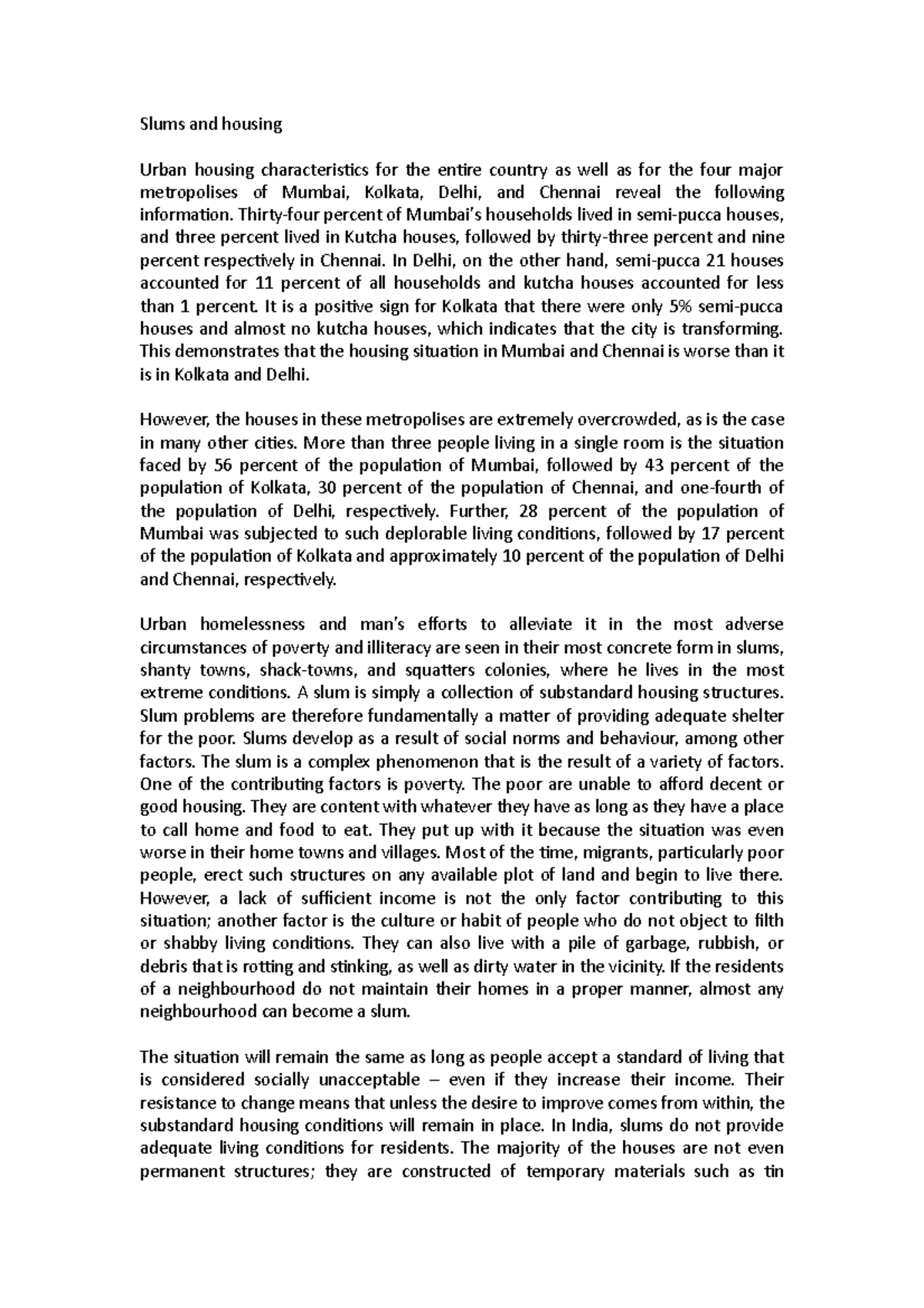 Slums and housing - Lecture notes 9 - Slums and housing Urban housing ...