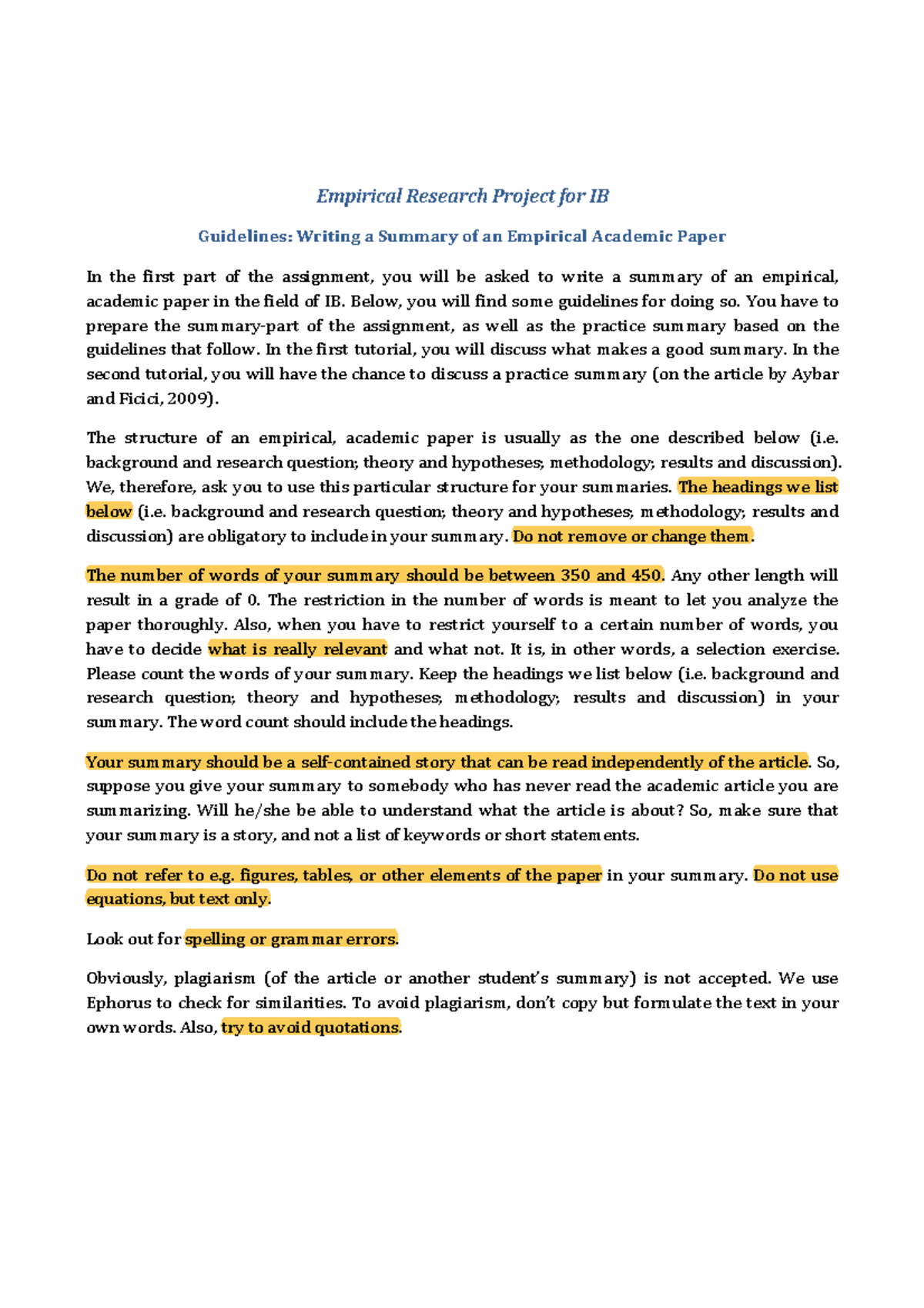 Summary Guide - Empirical Research Project for IB Guidelines: Writing a Summary of an Empirical ...