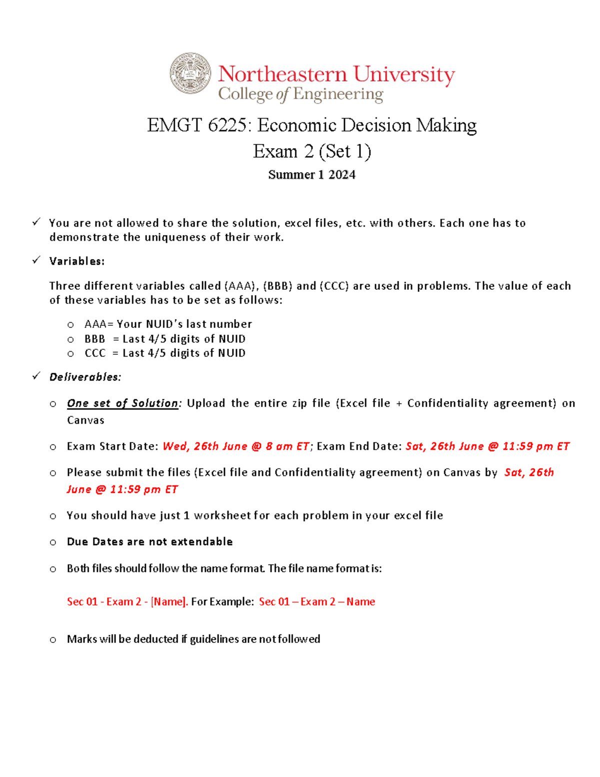 EMGT 6225 - Mini Exam 2 - Online - Summer 1 2024 Set 1 - EMGT 6225: Economic Decision Making ...