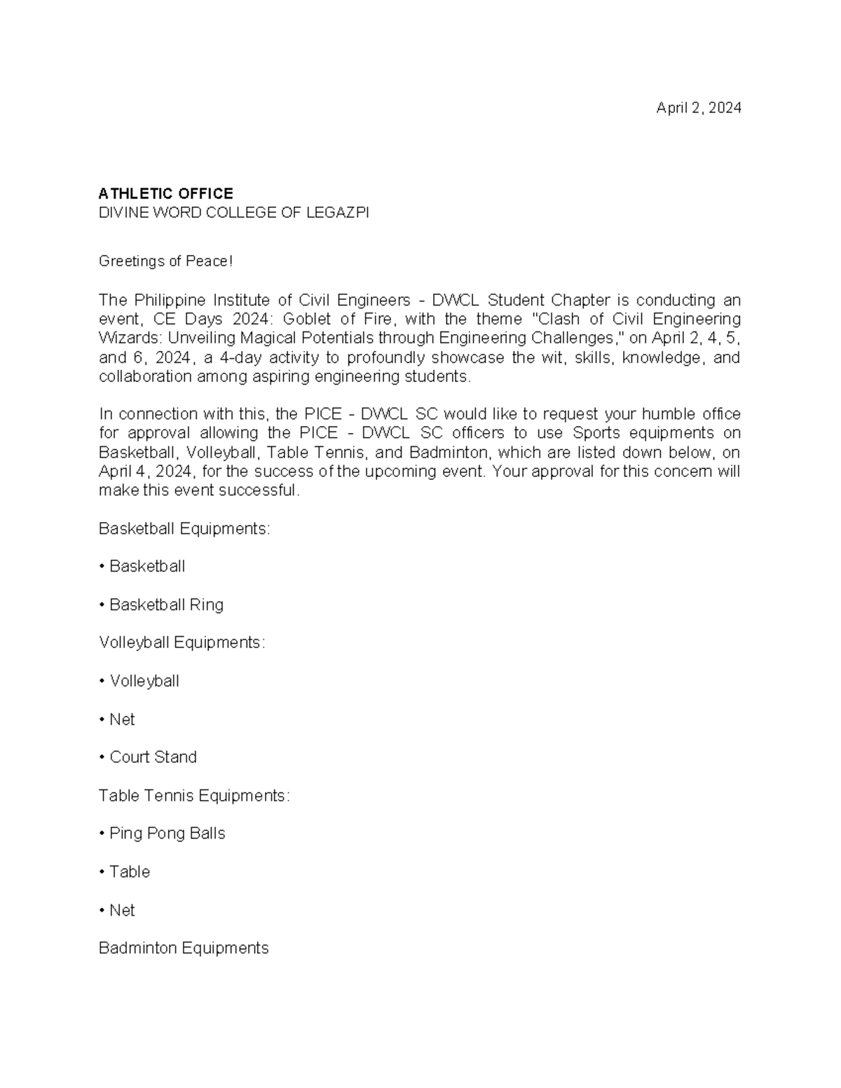 letter sampling - April 2 , 2024 ATHLETIC OFFICE DIVINE WORD COLLEGE OF ...