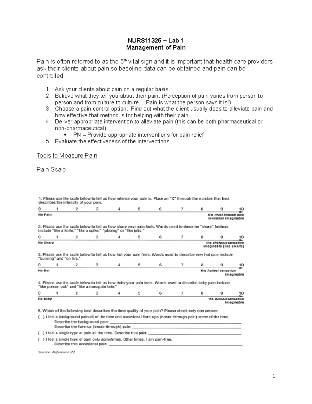 Management of Pain - Useful checklist notes to help students in this ...
