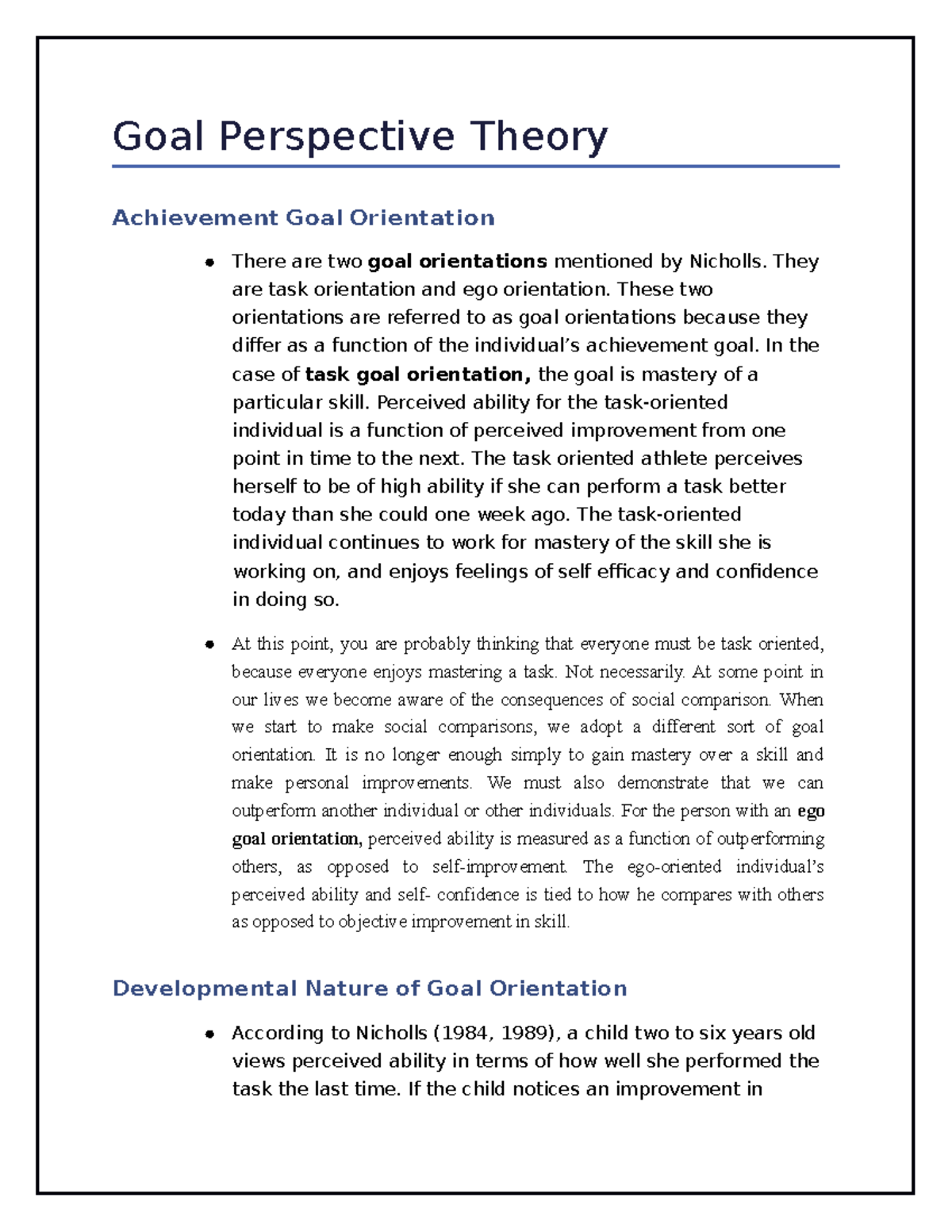 NOTE ON Goal Perspective Theory - Goal Perspective Theory Achievement ...