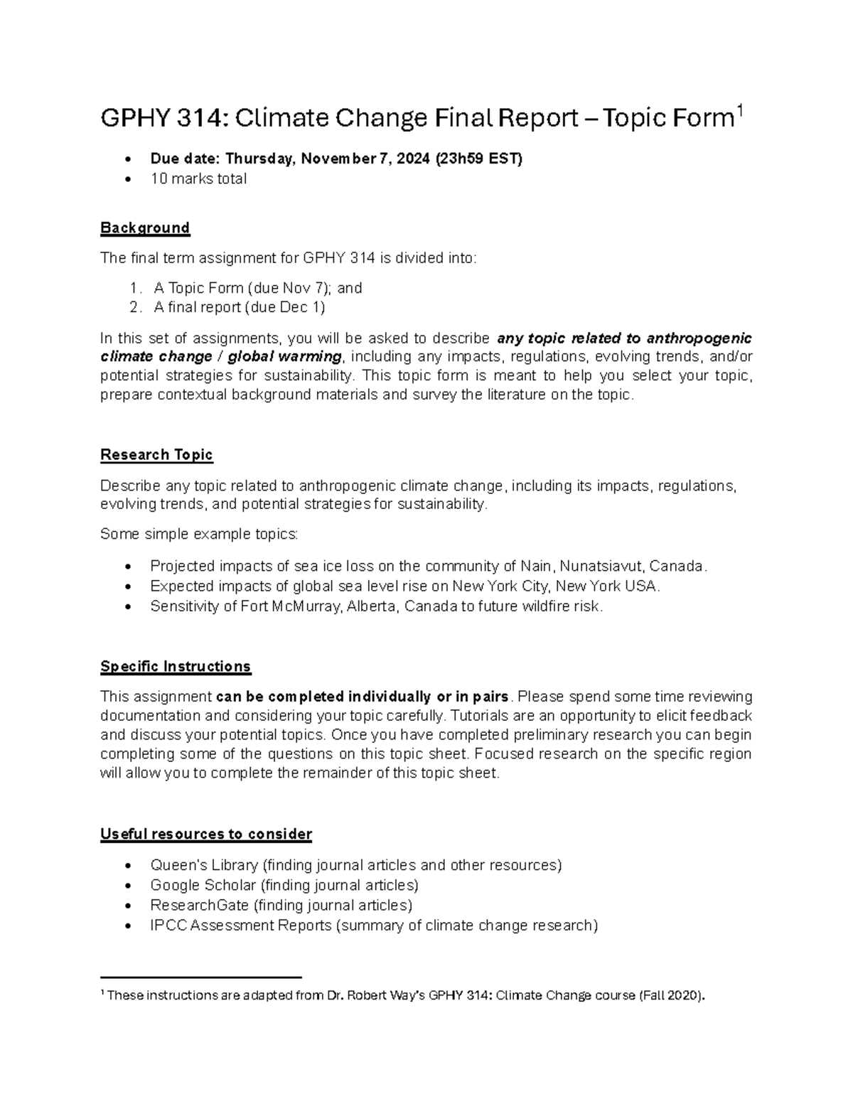 GPHY 314 - Topic Form Instructions - GPHY 314: Climate Change Final ...