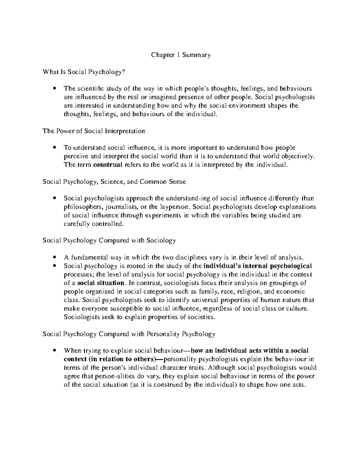 Ch. 1 Summary - Social Psychology - Chapter 1 Summary What Is Social ...