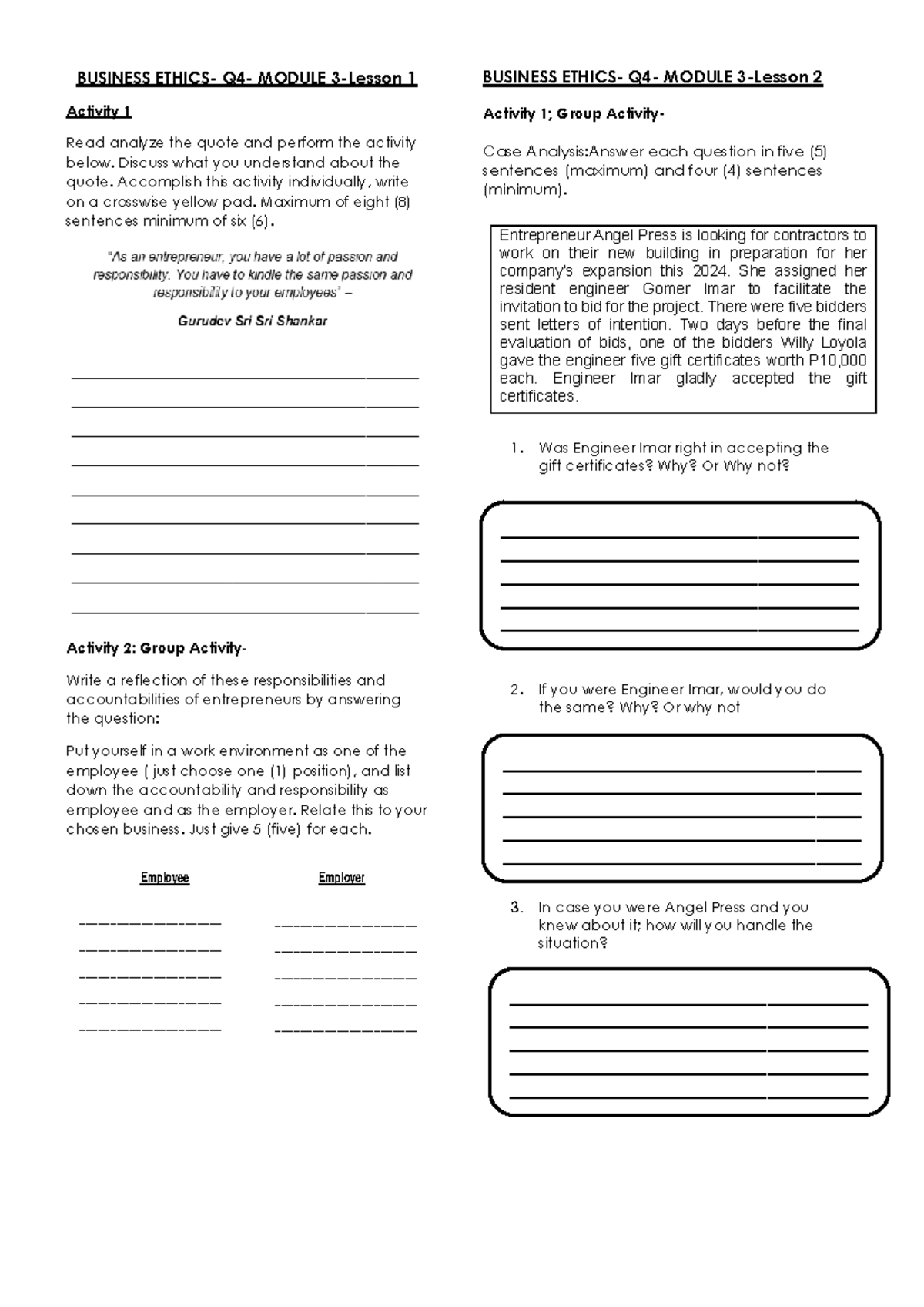 Ethics Activity Module 3 Lesson 1 2 - BUSINESS ETHICS- Q4- MODULE 3 ...