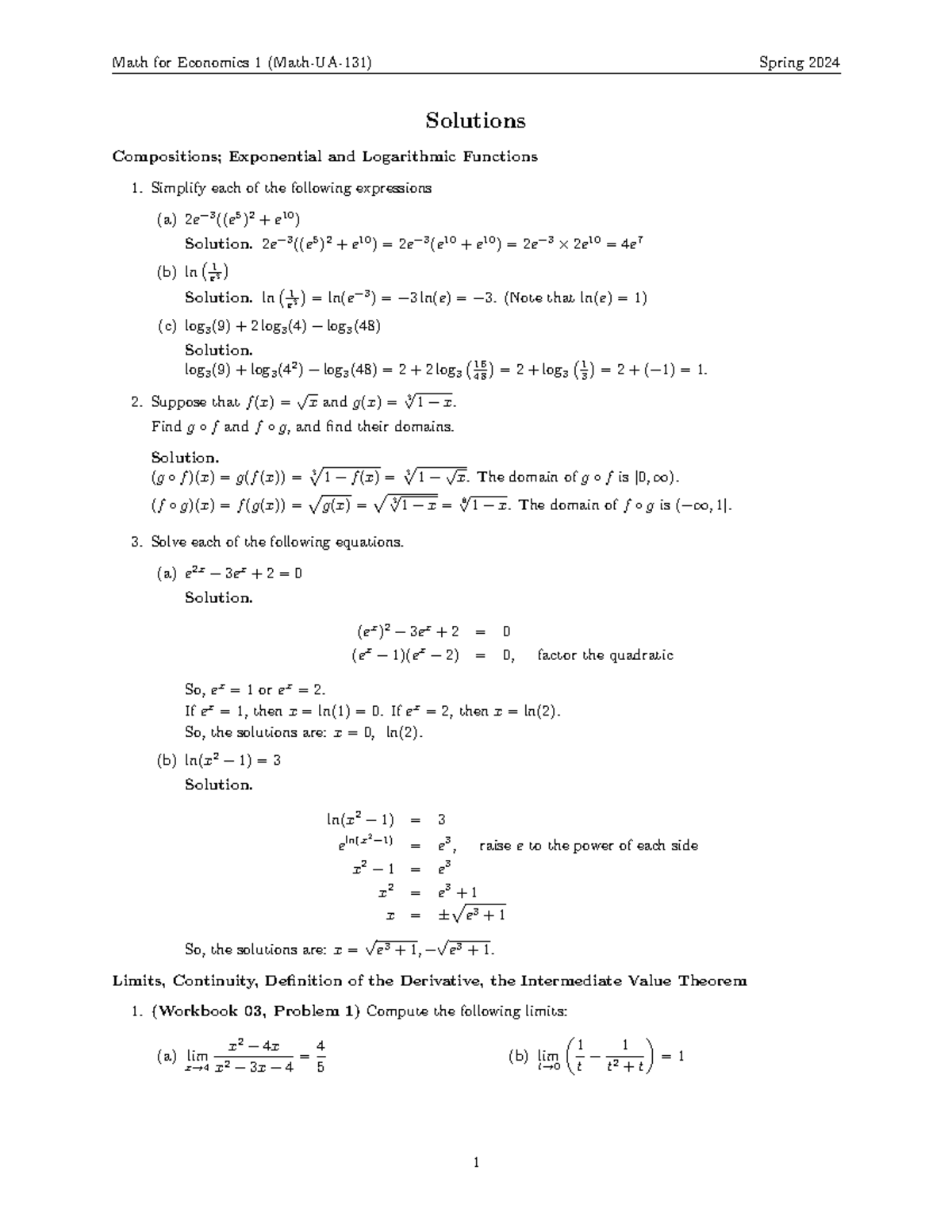 Final Exam Practice Problems Solution - Solutions Compositions; Exponential and Logarithmic ...