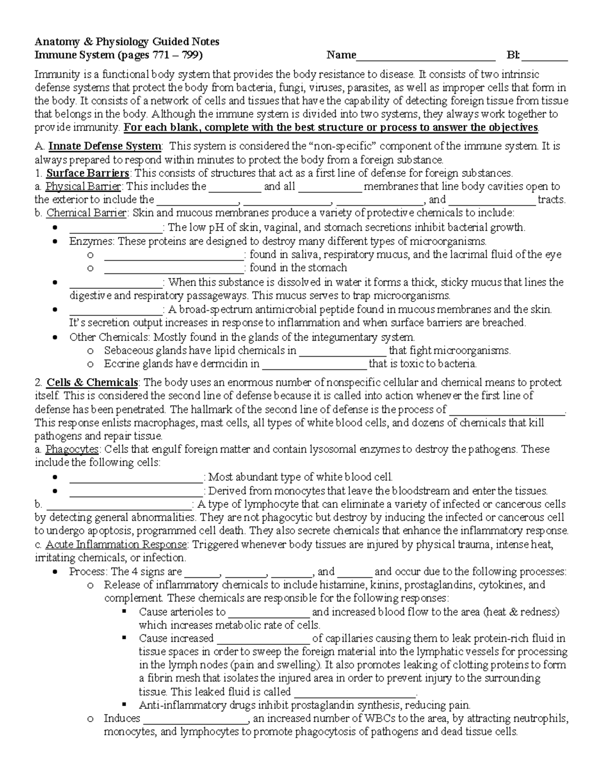 Immune System Guided Notes - Anatomy & Physiology Guided Notes Immune ...