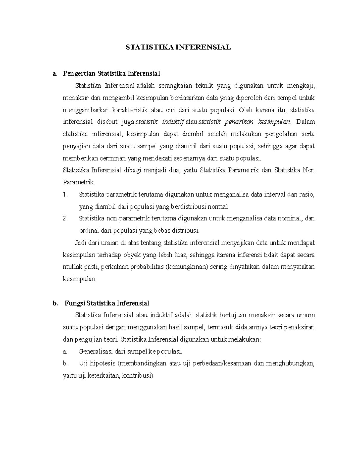 Statistika Inferensial - STATISTIKA INFERENSIAL a. Pengertian ...