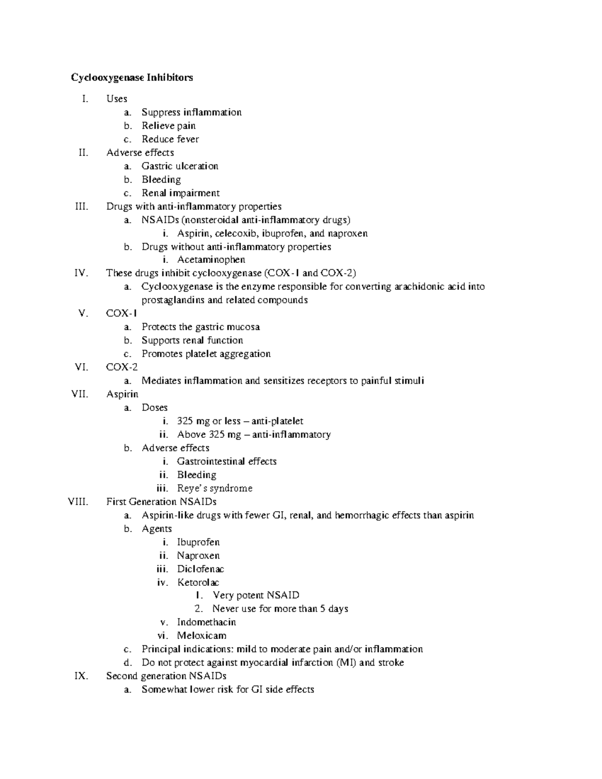 Nsaid Study Guide - Cyclooxygenase Inhibitors I. Uses a. Suppress ...