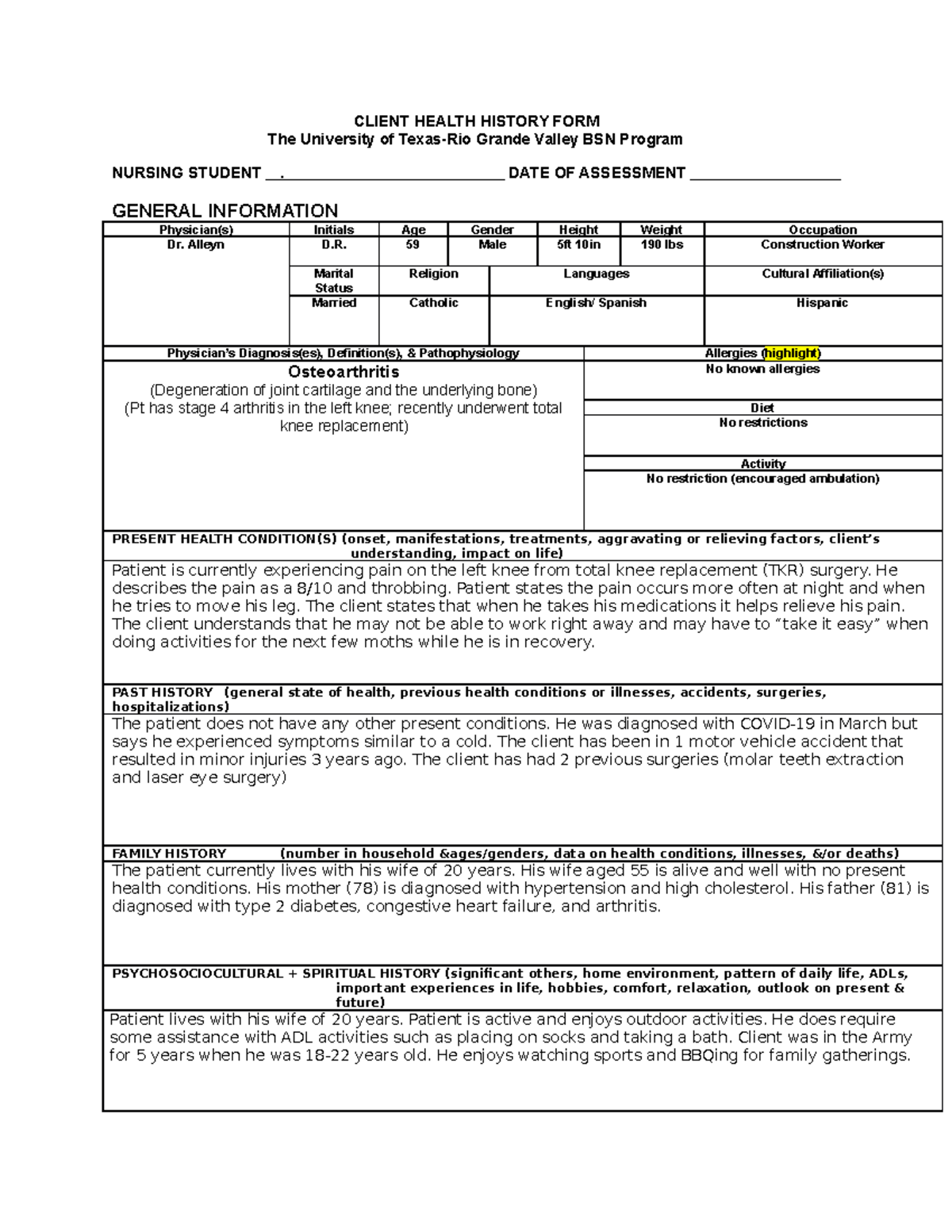 Cw5- Musculoskeletal pt 1 - CLIENT HEALTH HISTORY FORM The University ...