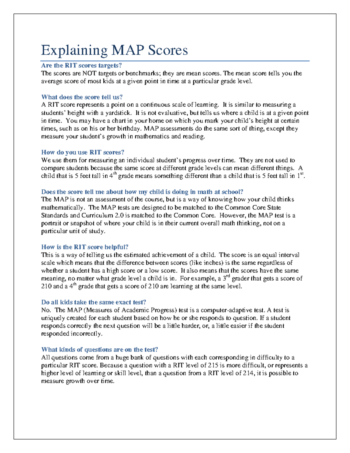 MAP-Scores-FAQ - The answers to the RIT Score quiz. - Explaining MAP ...