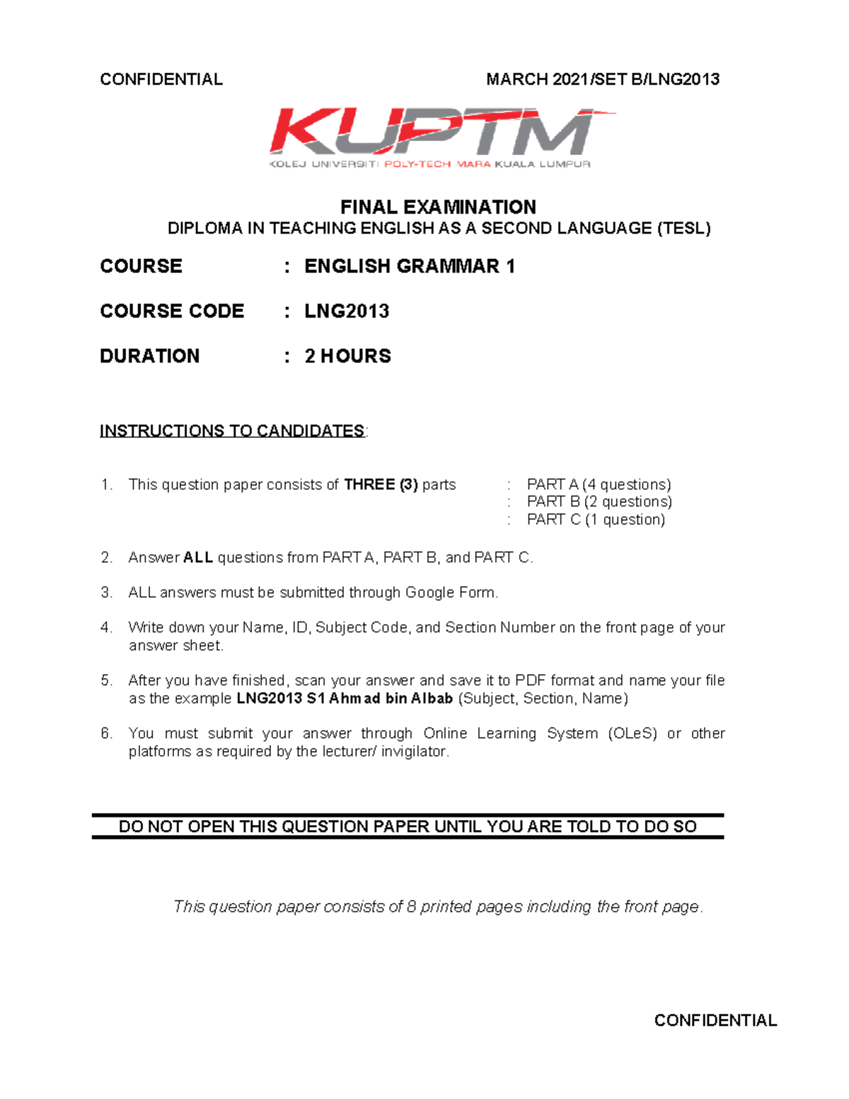 PAST YEAR Paper ALYA Adeena - DIPLOMA IN TEACHING ENGLISH AS A SECOND ...