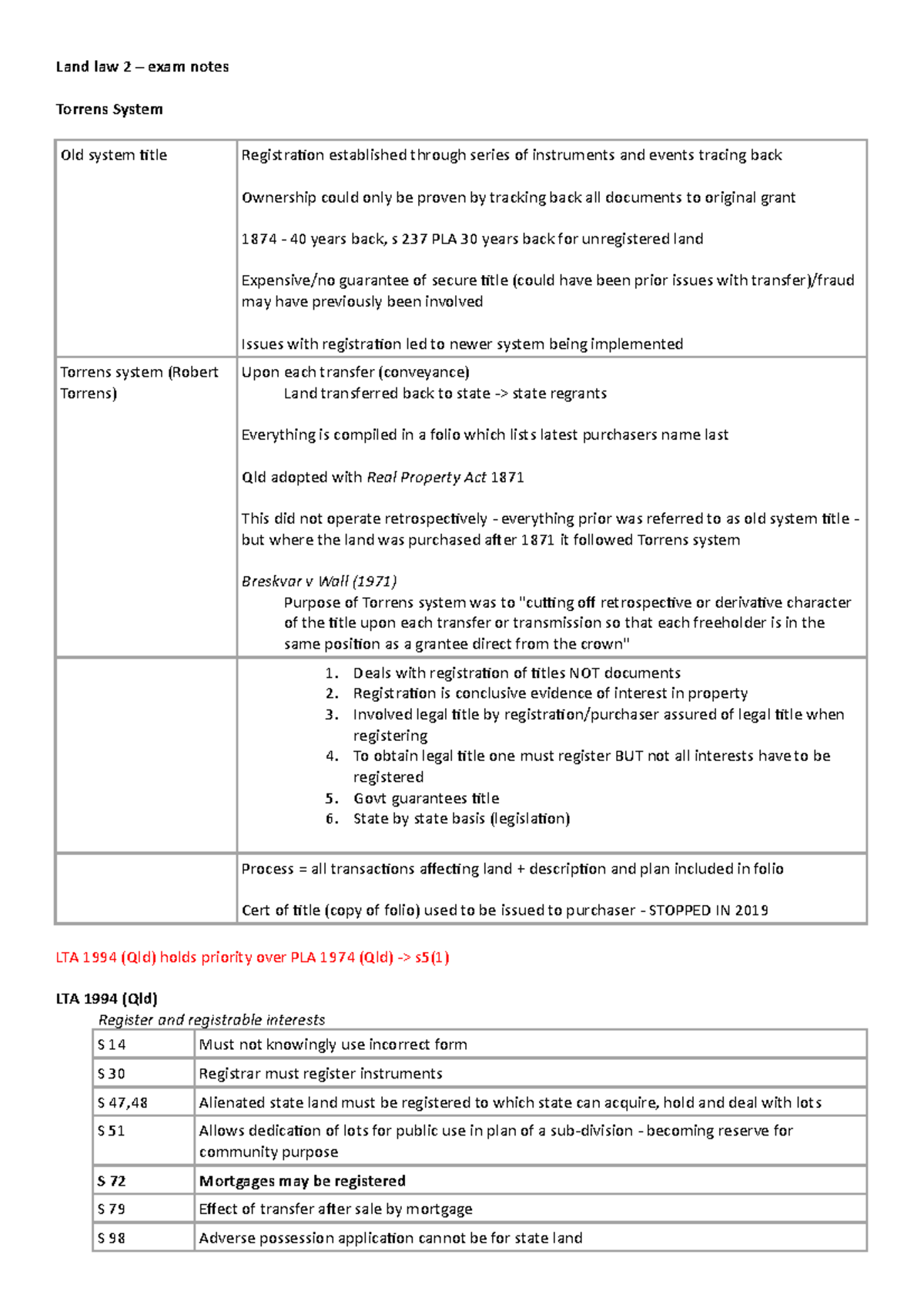 Land law 2 - notes - Land law 2 – exam notes Torrens System Old system ...