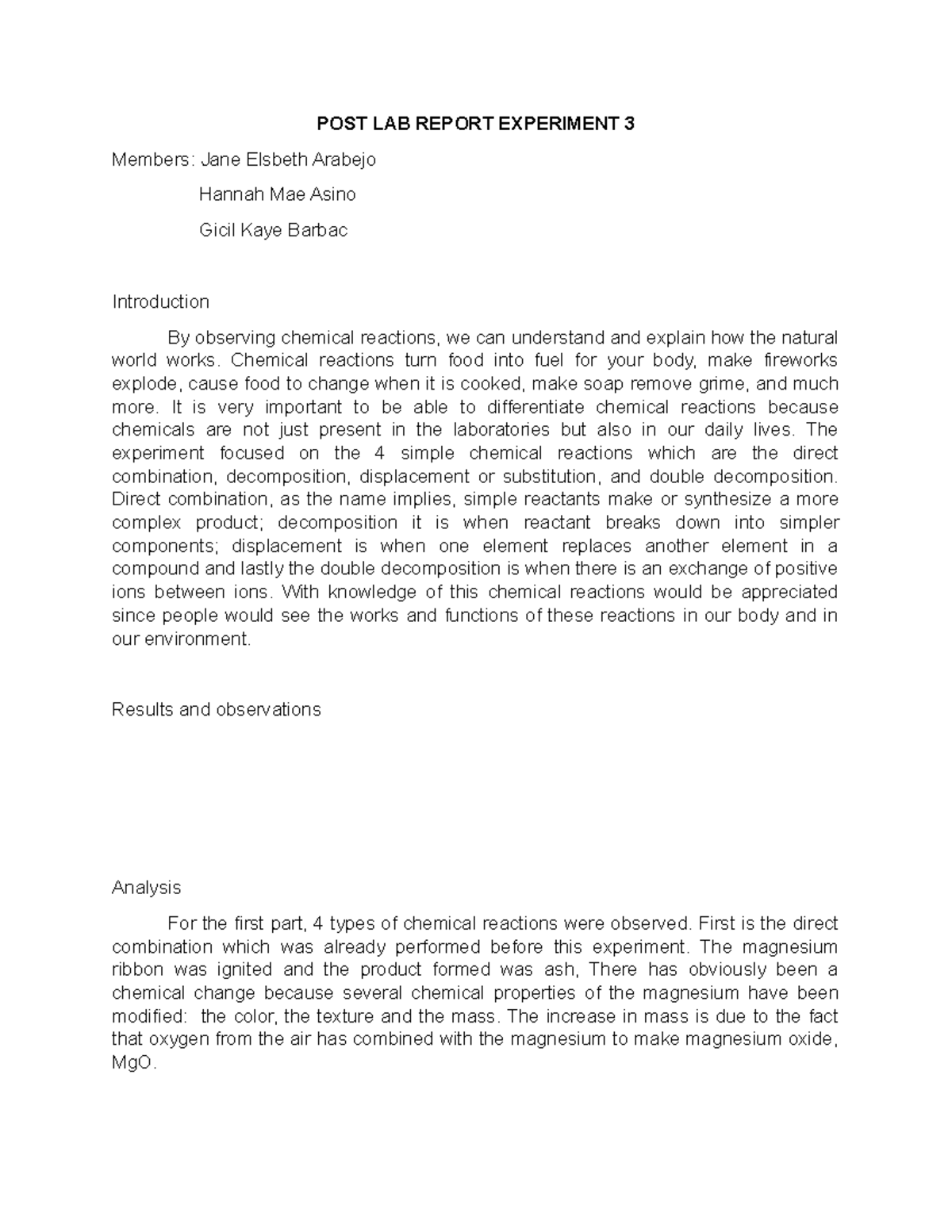 POST LAB Report Experiment 3 - POST LAB REPORT EXPERIMENT 3 Members ...