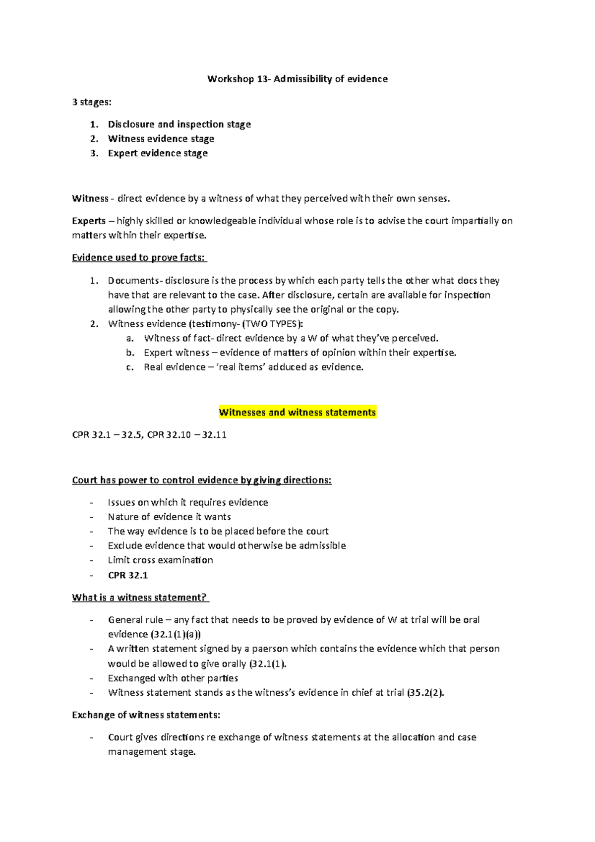 Workshop 13 - lecture notes - Workshop 13- Admissibility of evidence 3 ...