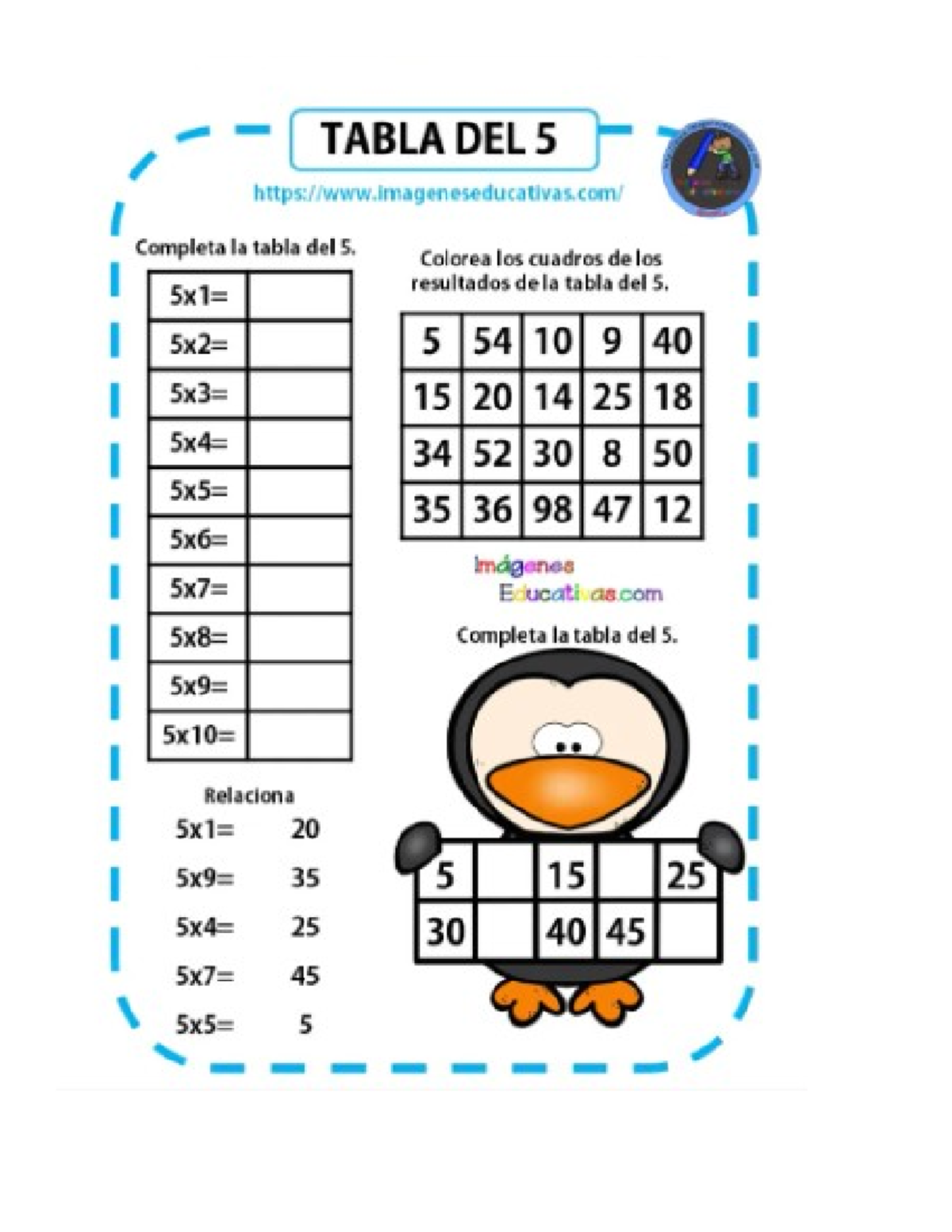 Tabla 5 - TABLA DEL 5 Completa la tabla del 5. Colorea los cuadros de ...