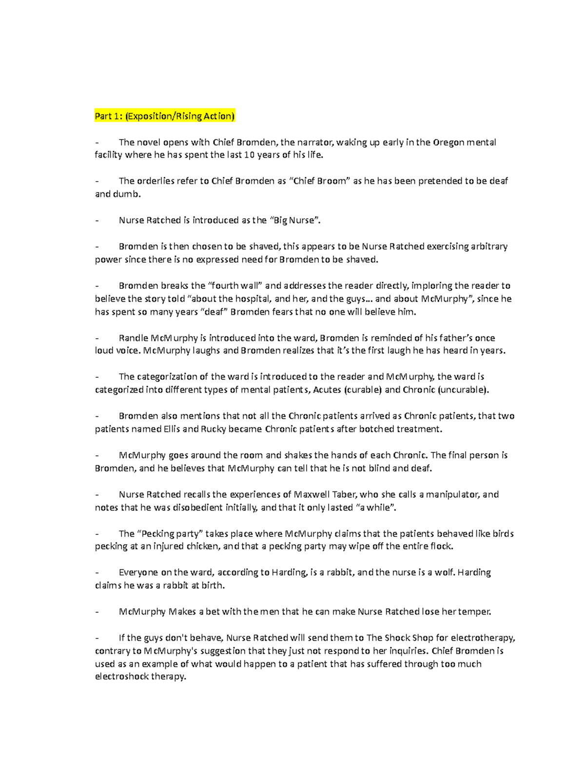 Cuckoo's nest summary - Part 1: (Exposition/Rising Action) The novel ...