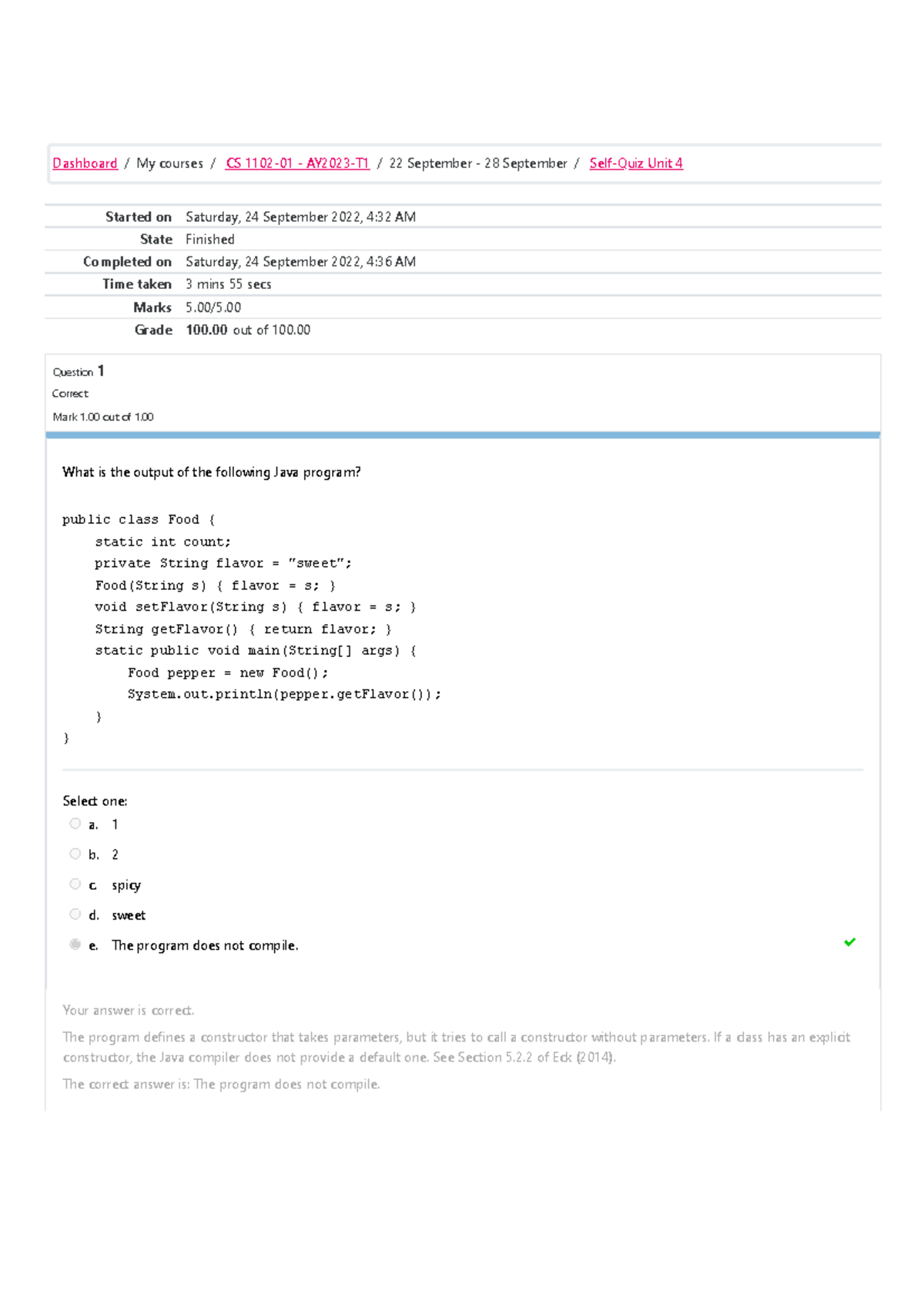 CS1102 - Self-Quiz Unit 4 Attempt 3 review 100% - Started on Saturday ...