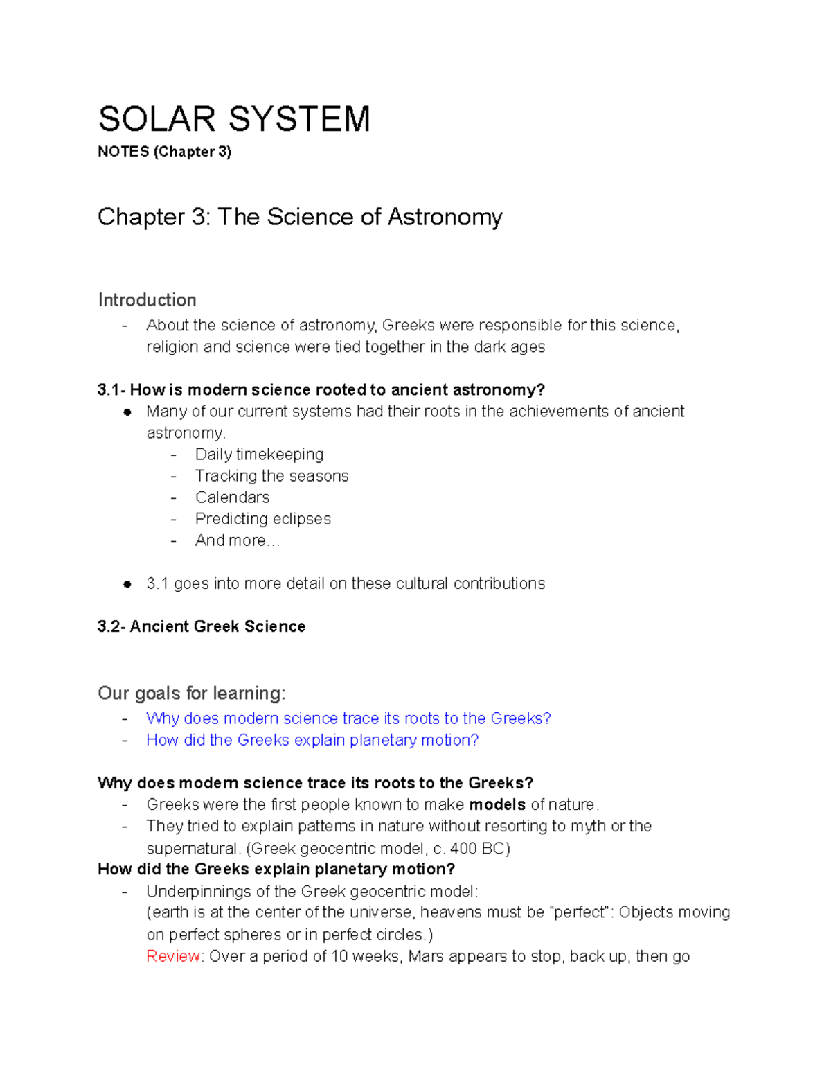 Solar System- Chapter 3 - SOLAR SYSTEM NOTES (Chapter 3) Chapter 3: The ...